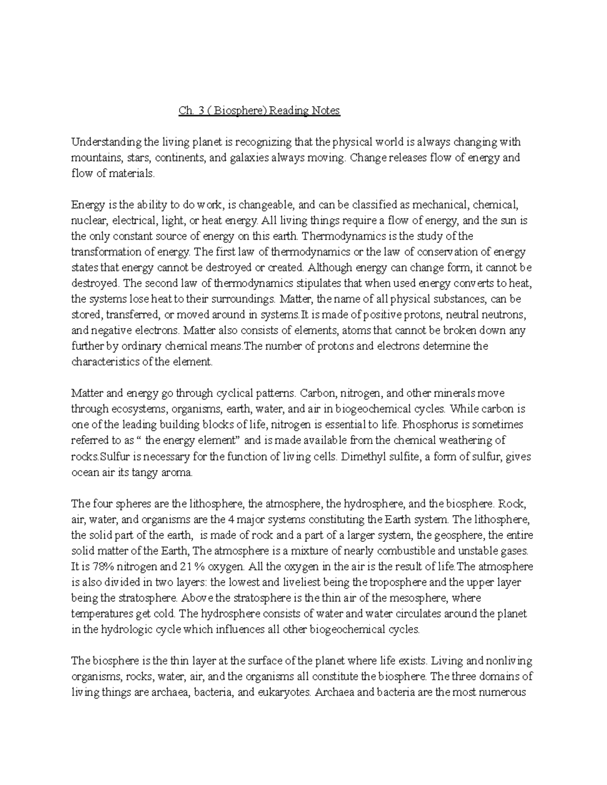 Ch. 3 ( Biosphere) Reading Notes - Ch. 3 ( Biosphere) Reading Notes ...
