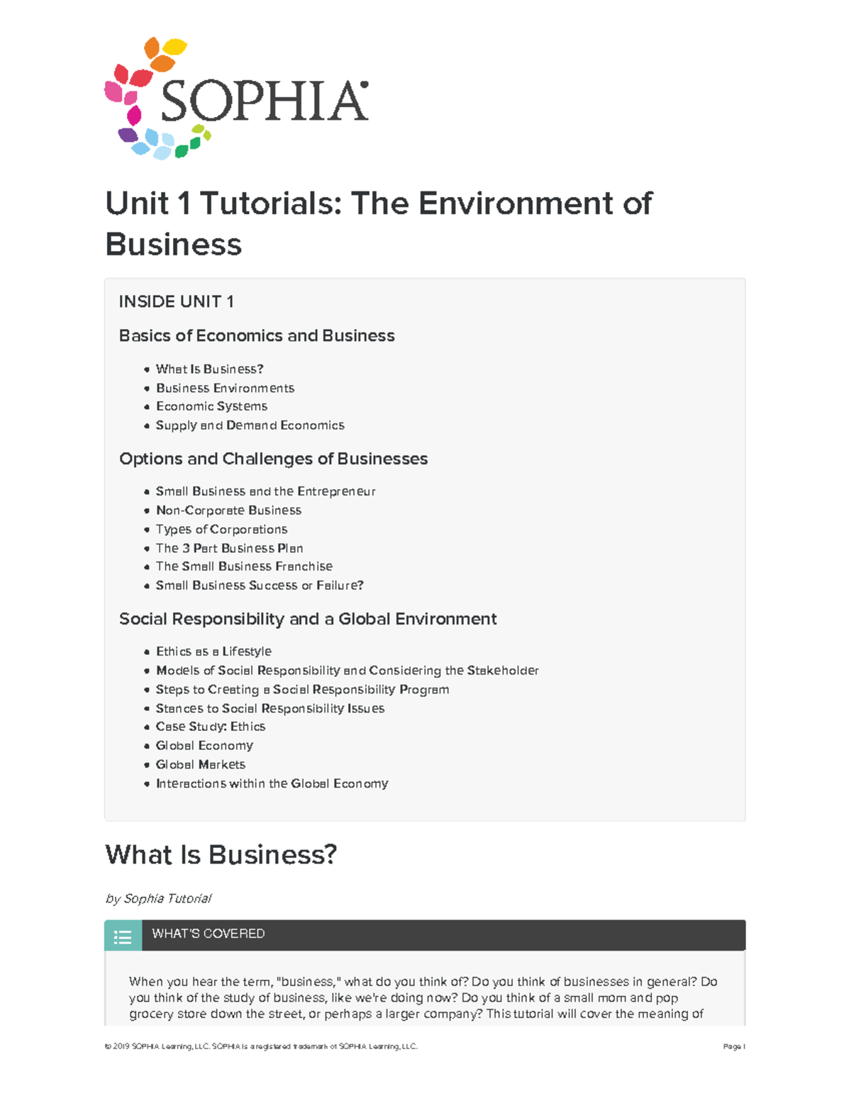 Unit 1 Enviorment of Business - SOPHIA Unit 1 Tutorials: The Environment of Business INSIDE UNIT ...