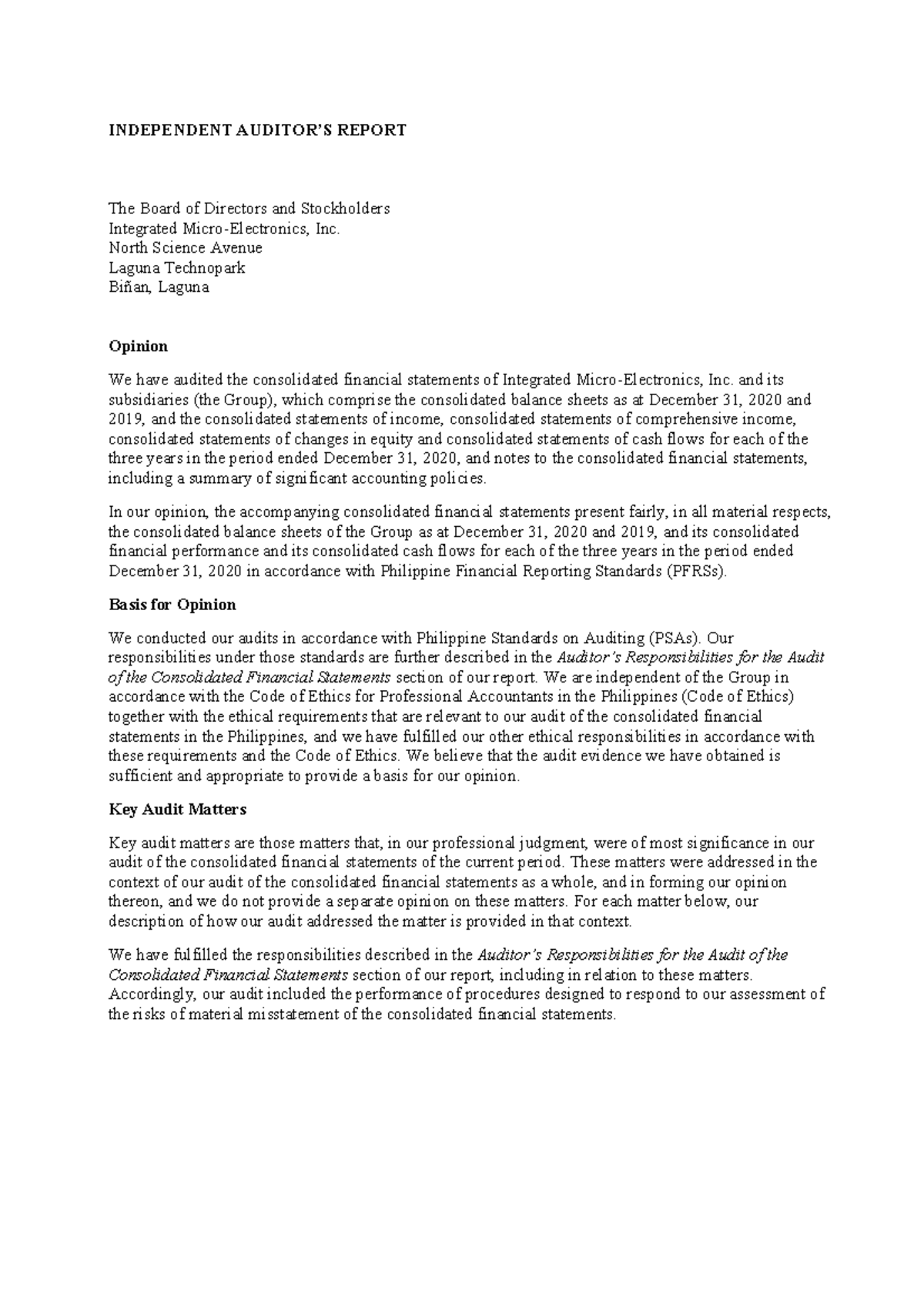 Audited FS - for accountancy students - INDEPENDENT AUDITOR’S REPORT ...