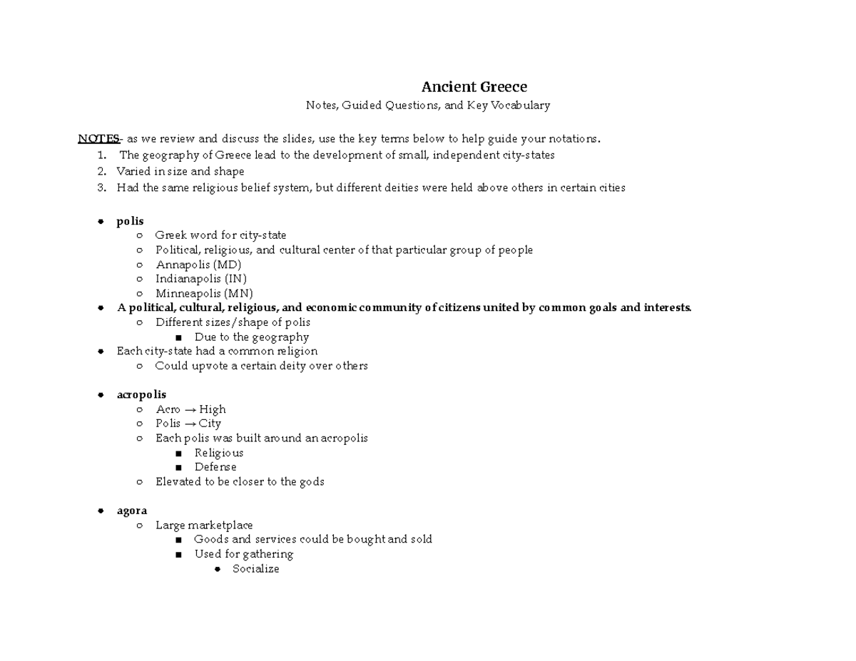 Ancient Greece Guided Notes (World History 1 Honors) - Ancient Greece ...
