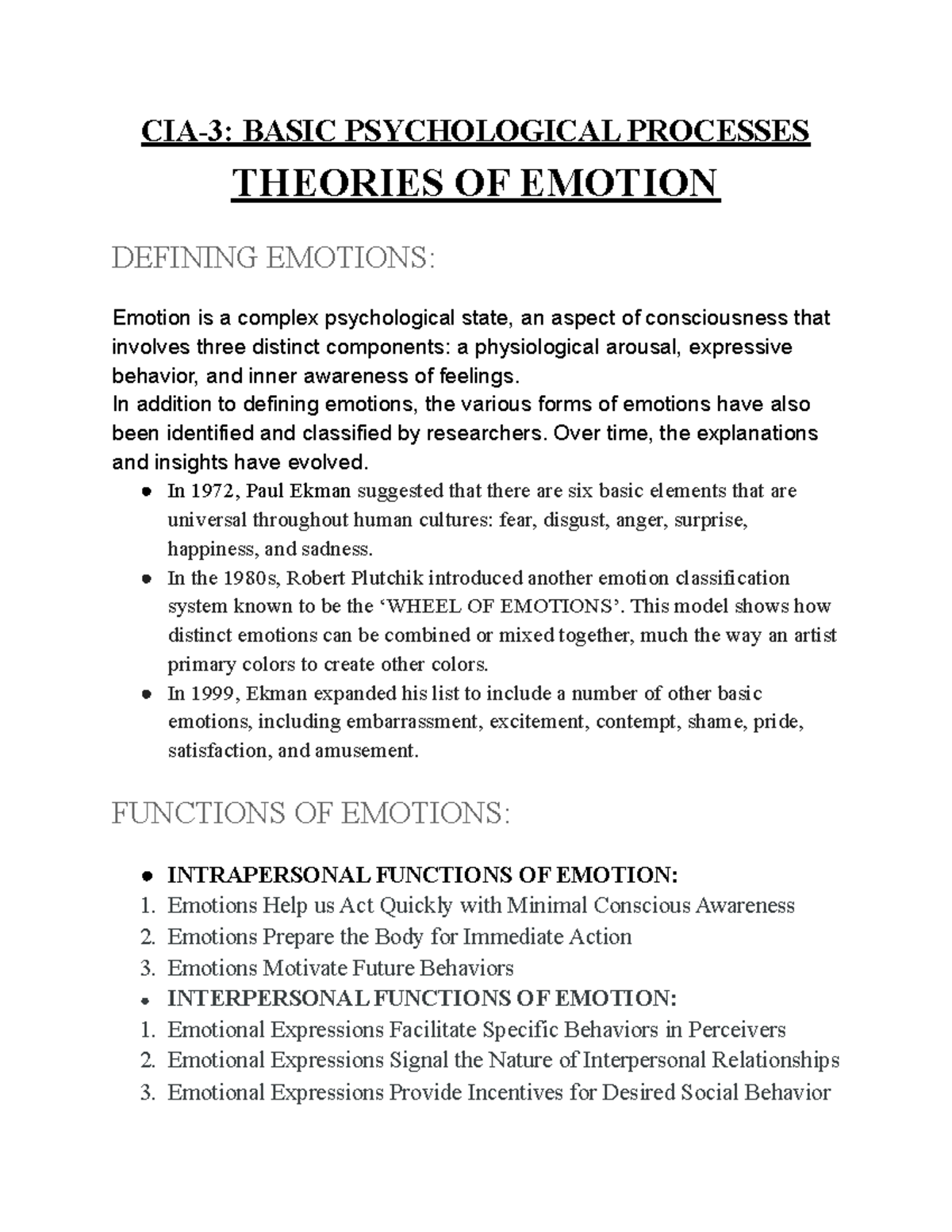 Theories OF Emotion - BASIC PSYCHOLOGICAL PROCESSES - CIA-3: BASIC ...