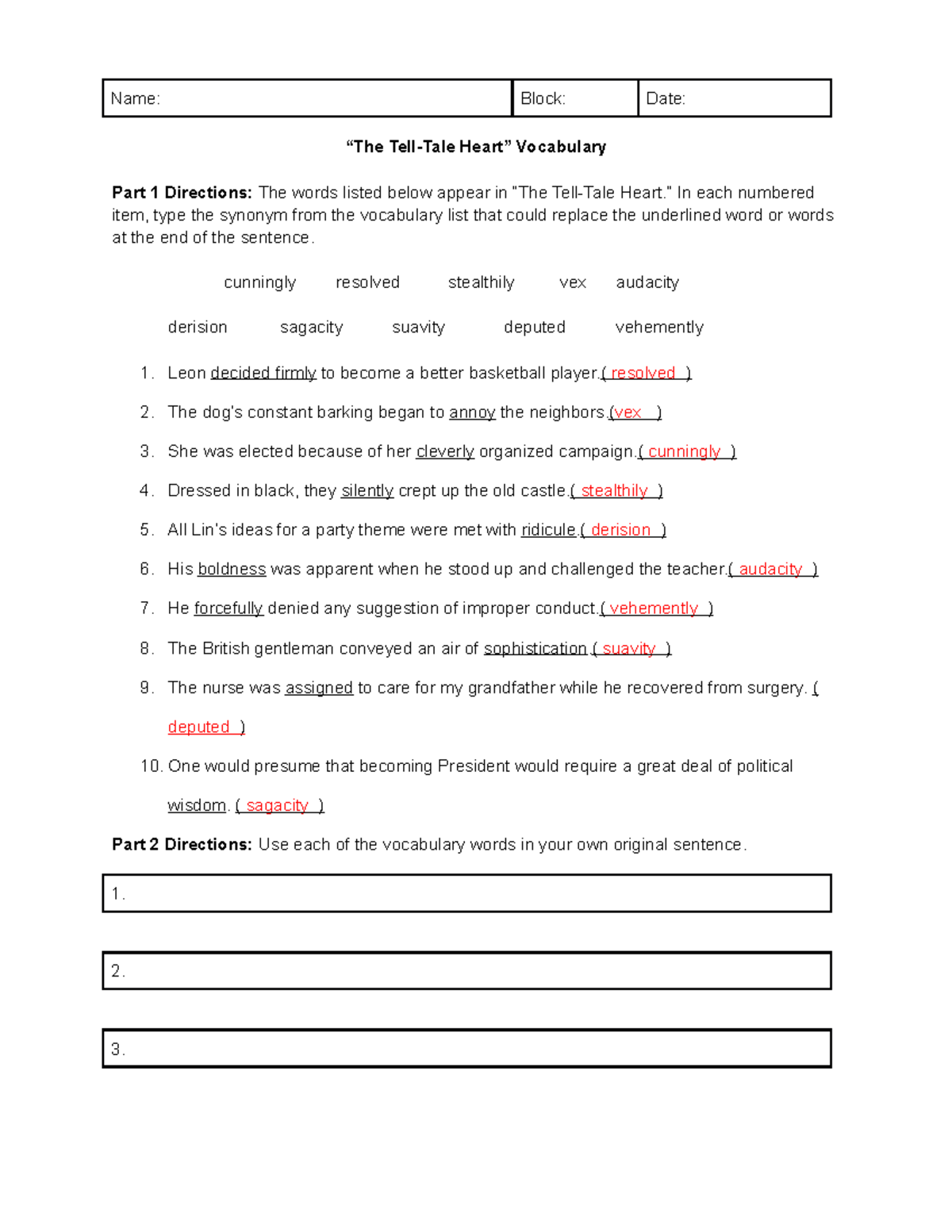 TTH Vocabulary Teacher Key - Name: Block: Date: “The Tell-Tale Heart ...