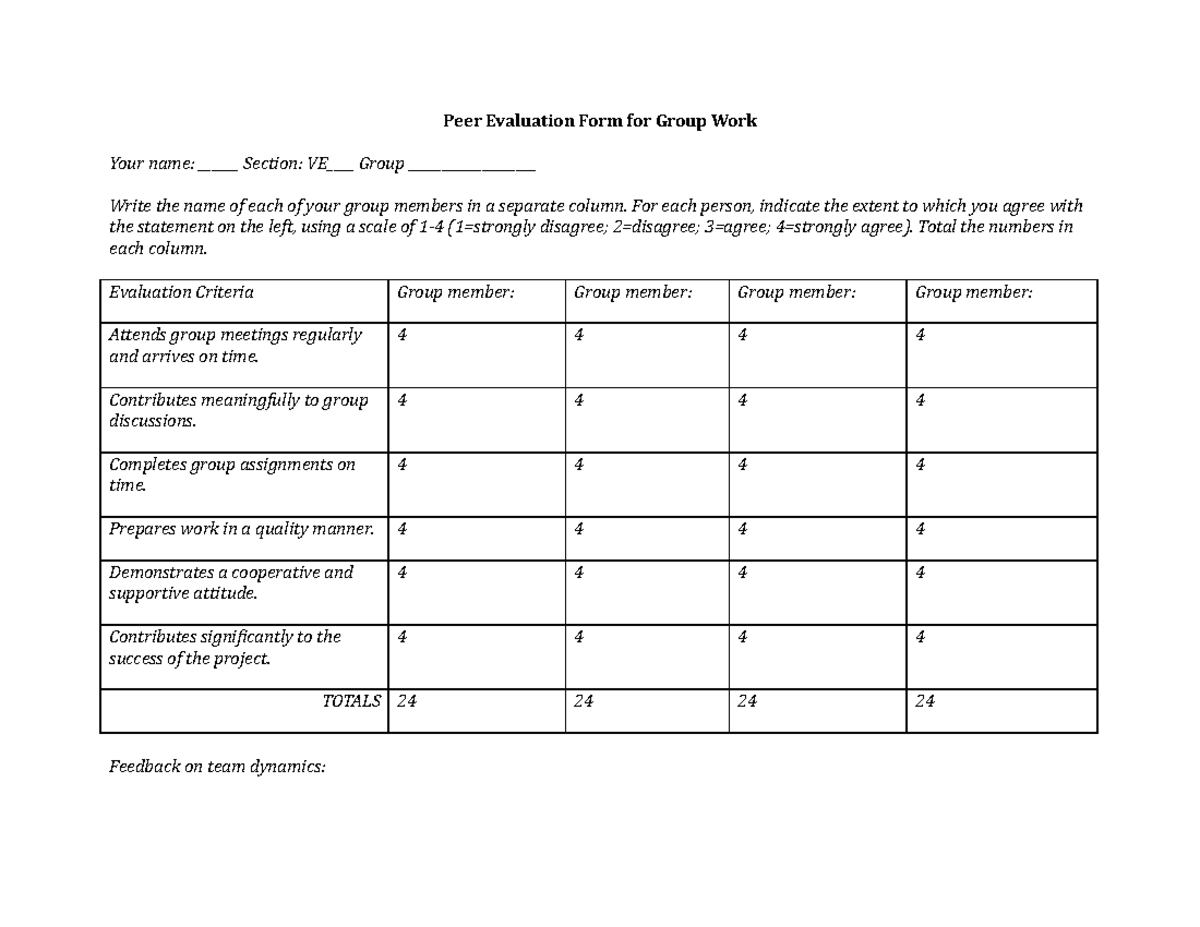 Peer Evaluation-Group Work - Peer Evaluation Form for Group Work Your ...
