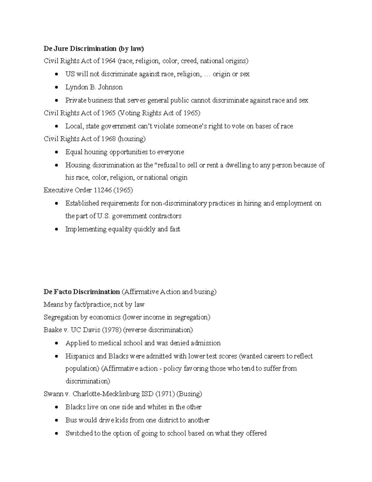 HIST 1302 29 - De Jure Discrimination (by law); De Facto Discrimination ...