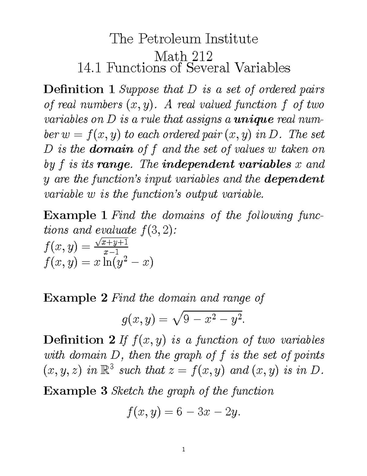 Section 1 - note1 - The Petroleum Institute Math 212 14 Functions of ...