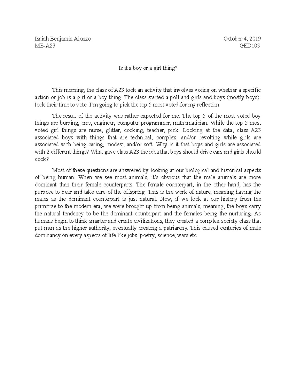 GED Assignment 4 - Isaiah Benjamin Alonzo October 4, 2019 ME-A23 GED Is ...