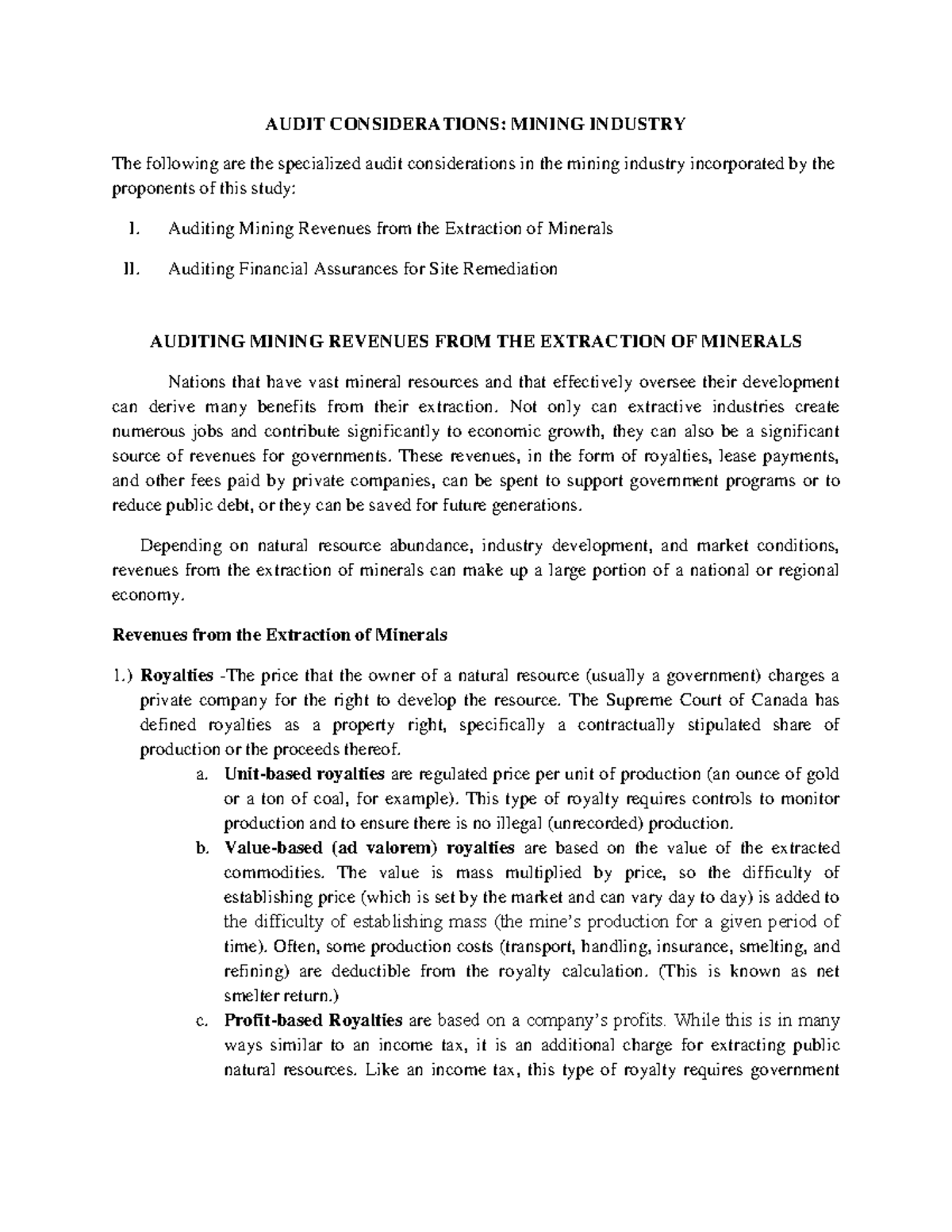 Audit Considerations - Specialized Industries - Mining Industry - AUDIT ...