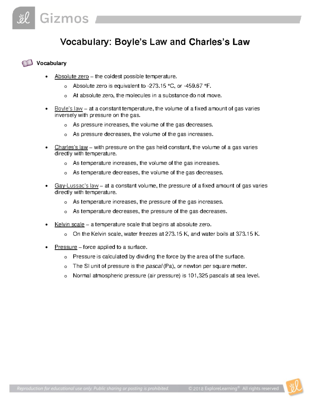 Boyles Charles Vocab - Notes - 2018 Vocabulary: Boyle’s Law and Charles ...