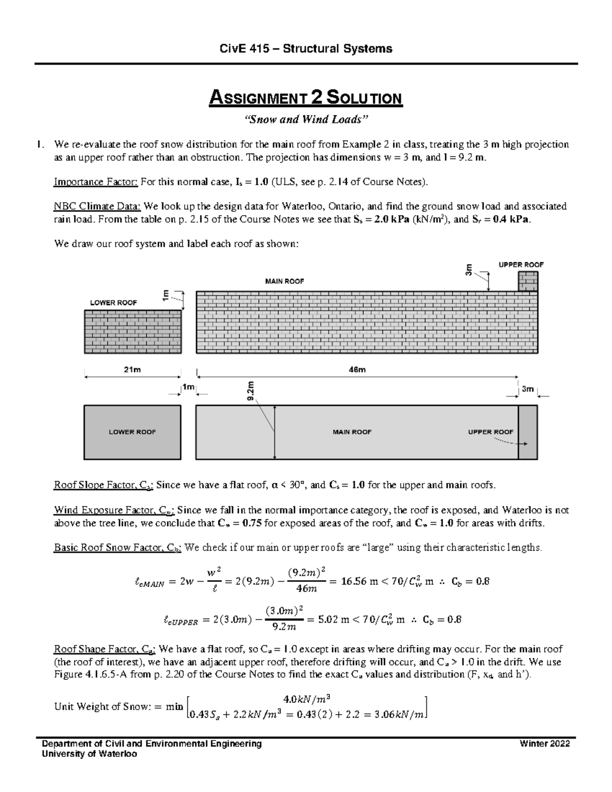 CIVE 415 Asgn 2 Soln-W23 - CivE 415 – Structural Systems Department of Civil and Environmental ...