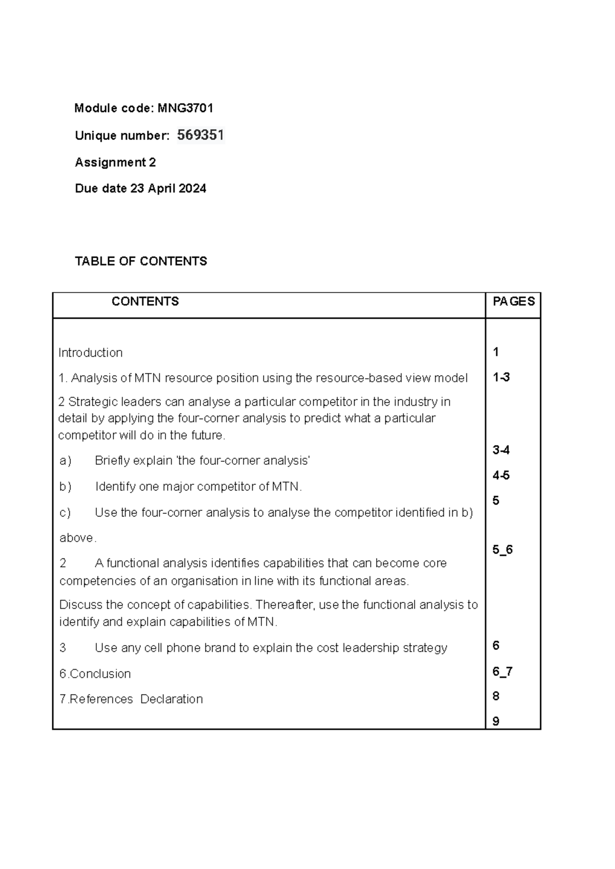 MNG3701 2024 - Module code: MNG Unique number: 569351 Assignment 2 Due date 23 April 2024 TABLE ...