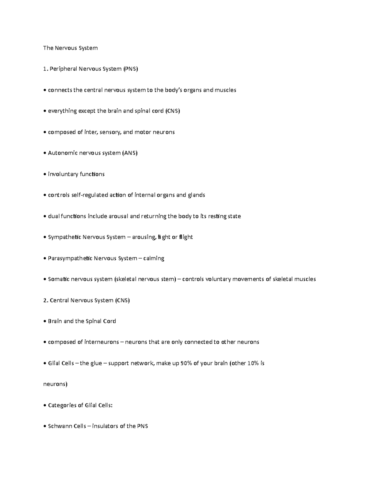 The Nervous System Notes - The Nervous System Peripheral Nervous System ...