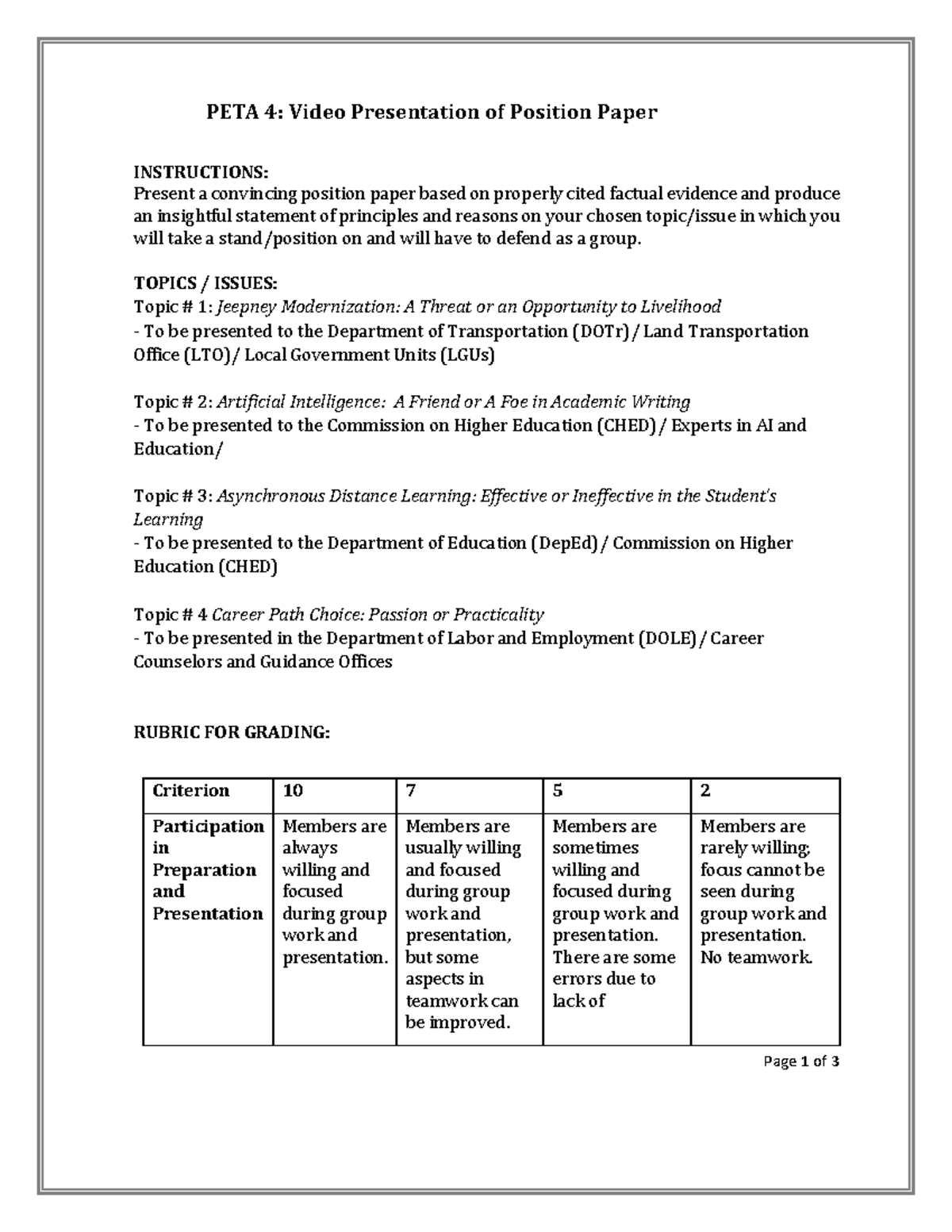 PETA-4 Position- Paper - Page 1 of 3 PETA 4: Video Presentation of ...