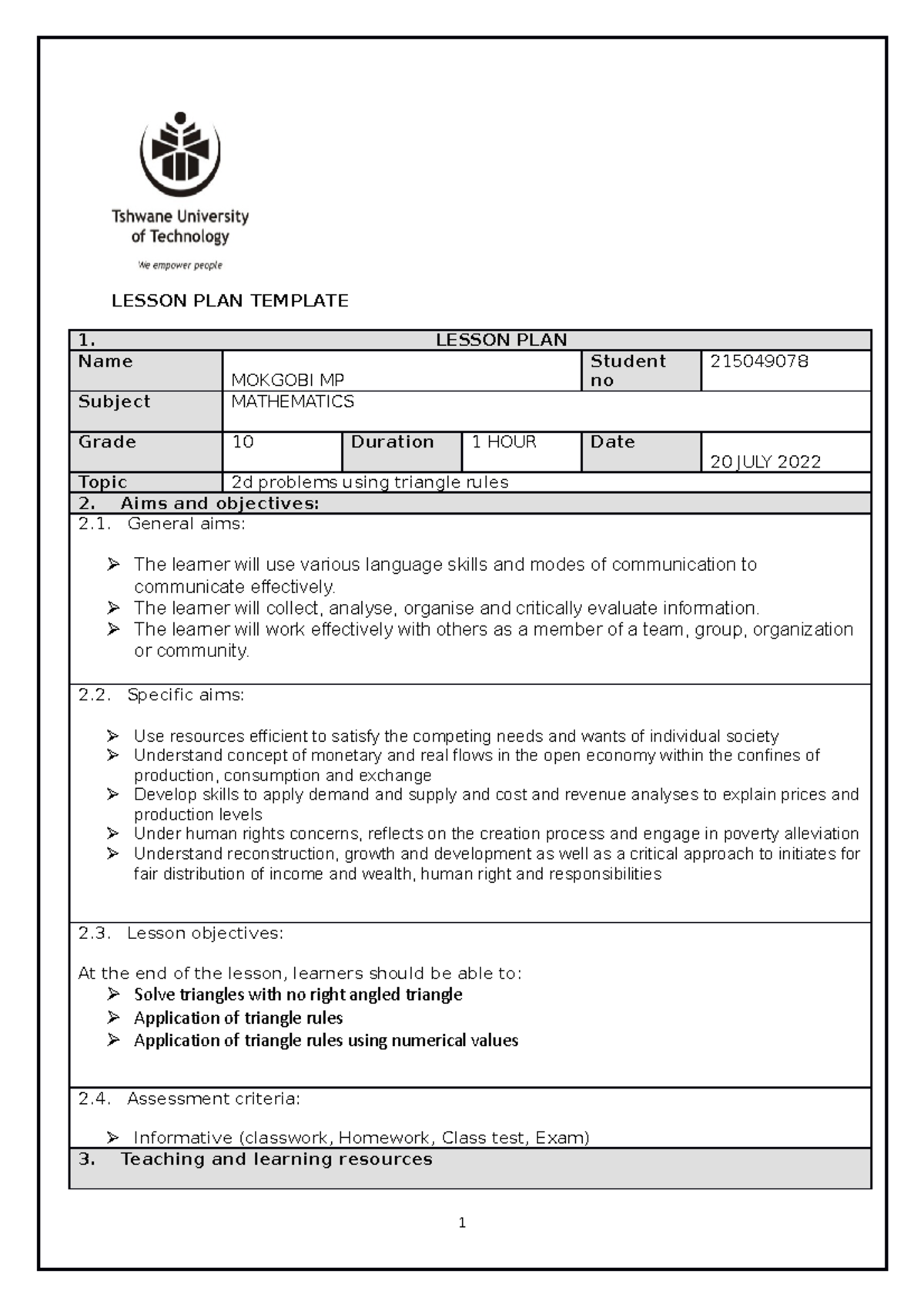 Maths Lesson PLAN 20 JULY - LESSON PLAN TEMPLATE 1. LESSON PLAN Name ...