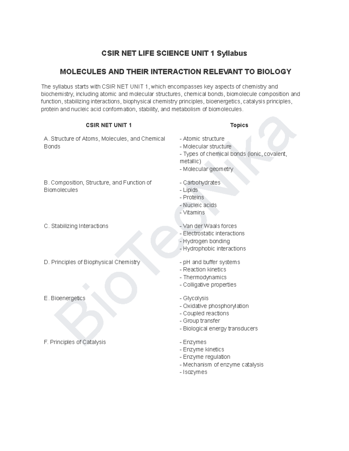 Csir Net Life Science Unit 1 Syllabus Biotecnika Csir Net Life Science Unit 1 Syllabus