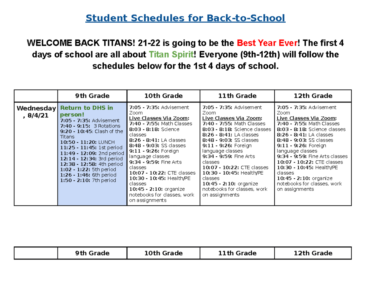 Student Schedules for Back-to-School 2021 - Student Schedules for Back ...