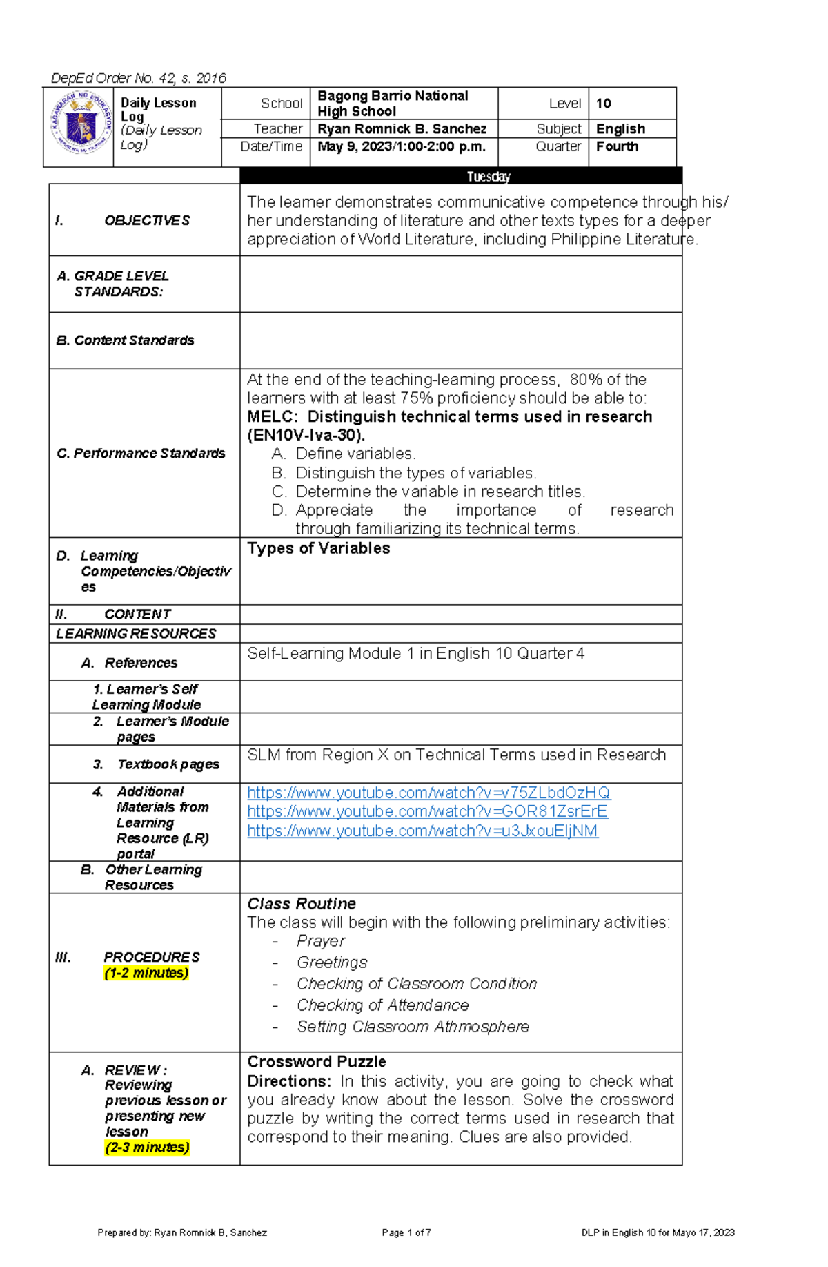 DLP Template JHS English RYE - Tuesday I. OBJECTIVES The learner ...