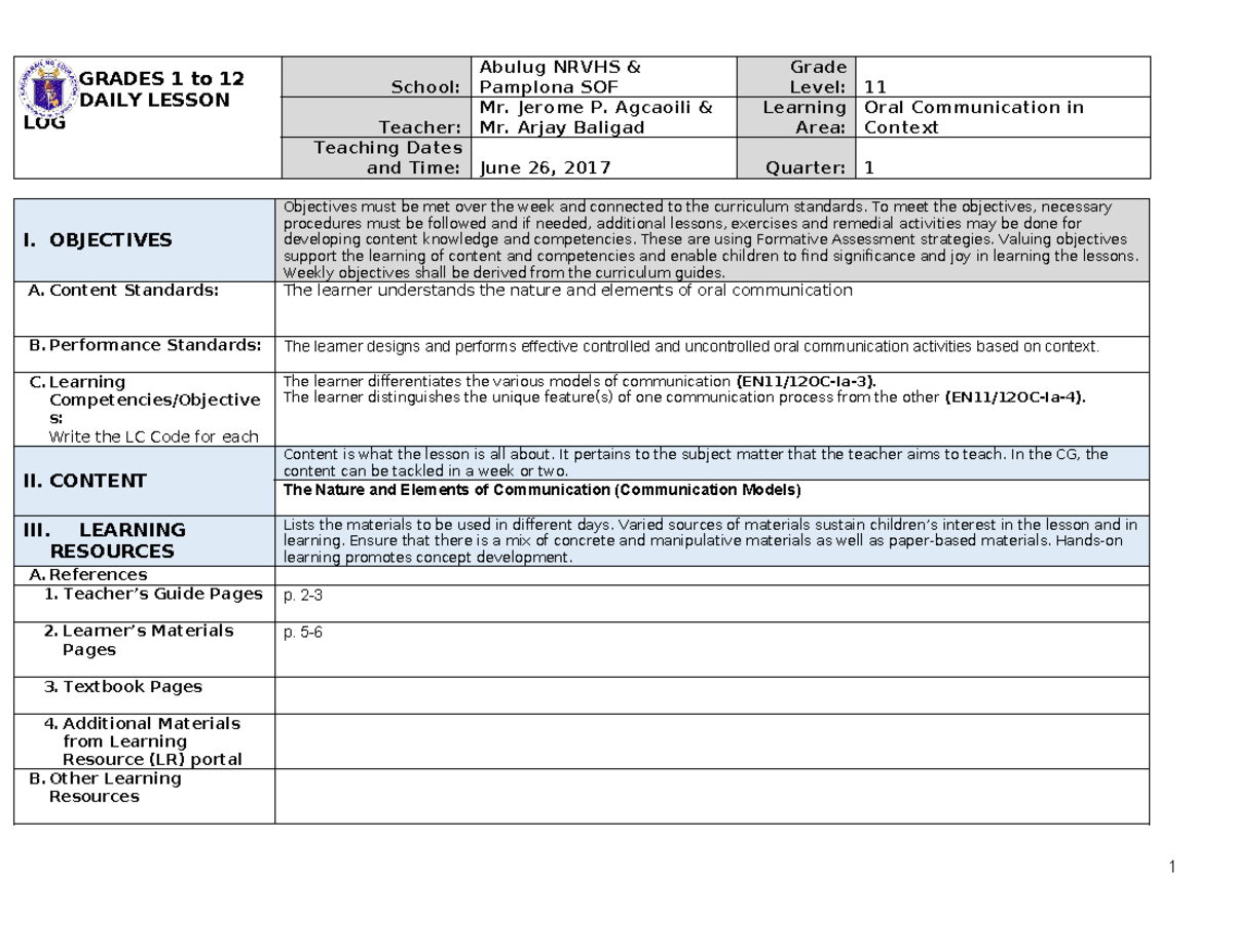 Oral Communication in Context DLL-Grade 11 - GRADES 1 to 12 DAILY ...