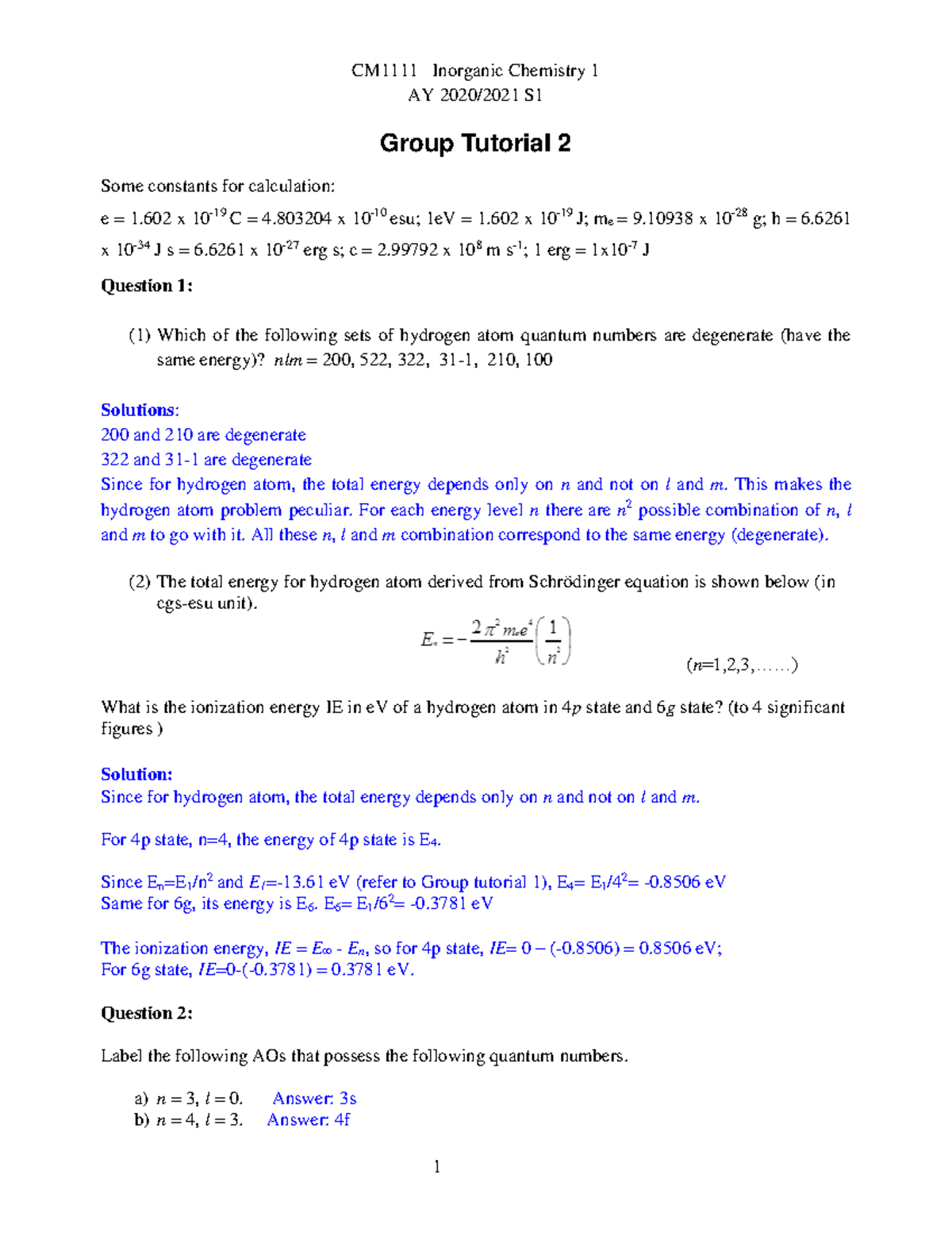 CM1111 Group Tutorial 2 solutions - AY 2020/2021 S Group Tutorial 2 ...