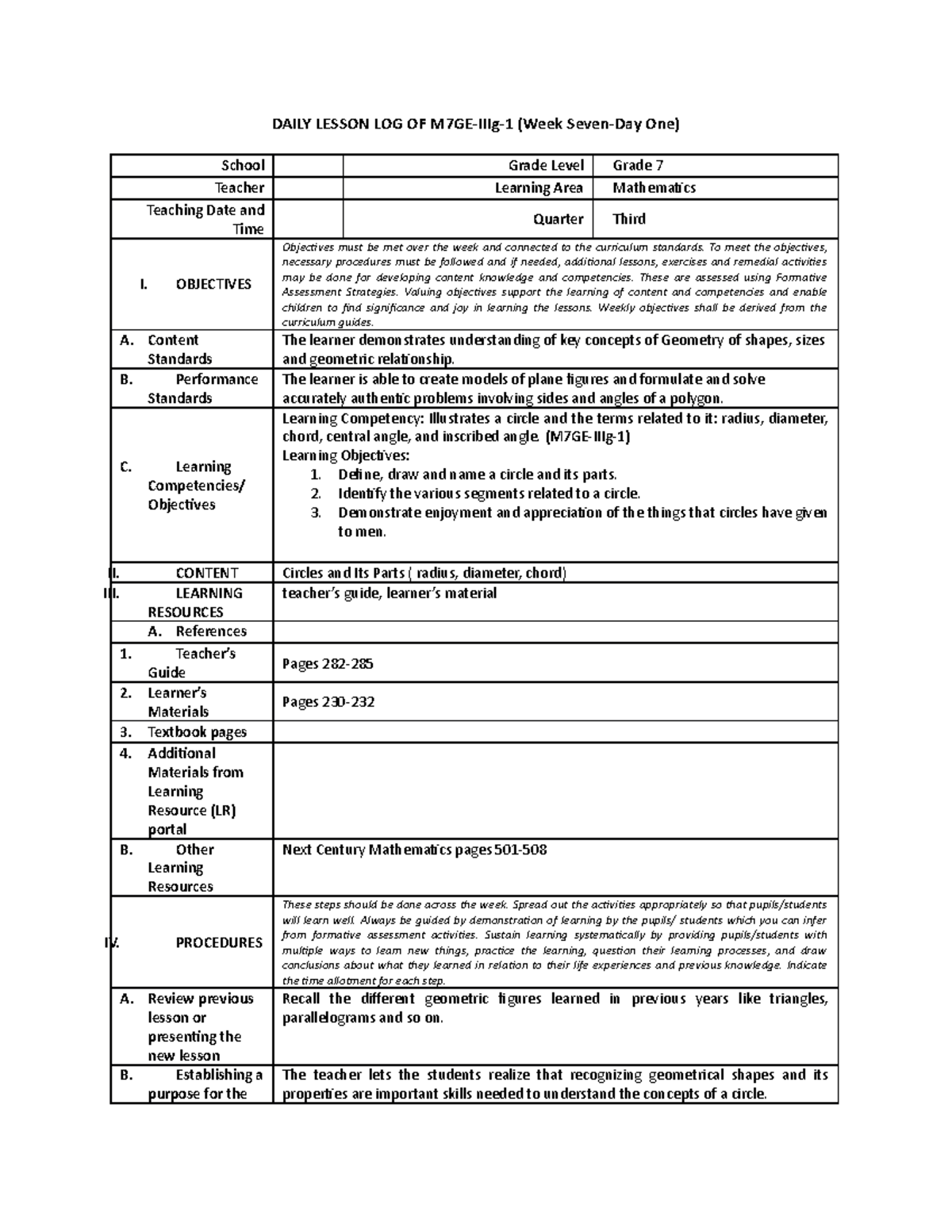 Daily Lesson LOG OF M7GE - DAILY LESSON LOG OF M7GE-IIIg-1 (Week Seven ...