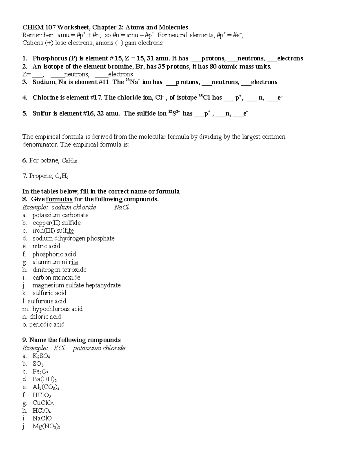 WS CH2 - Course work - CHEM 107 Worksheet, Chapter 2: Atoms and ...