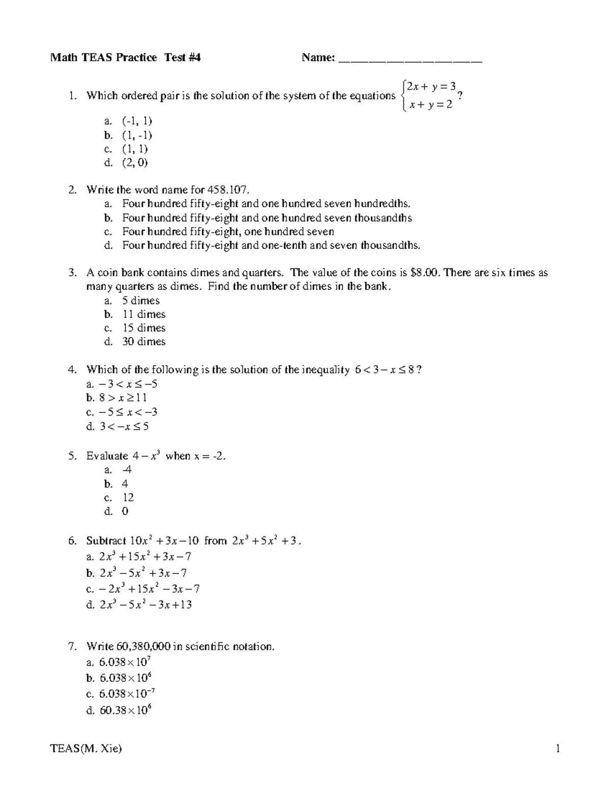 Teast 4 - Math guide - Math TEAS Practice Test #4 Name ...