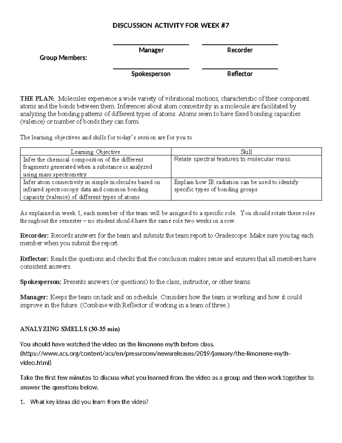 CHEM1110 Discussion Worksheet Week 7 - DISCUSSION ACTIVITY FOR WEEK ...