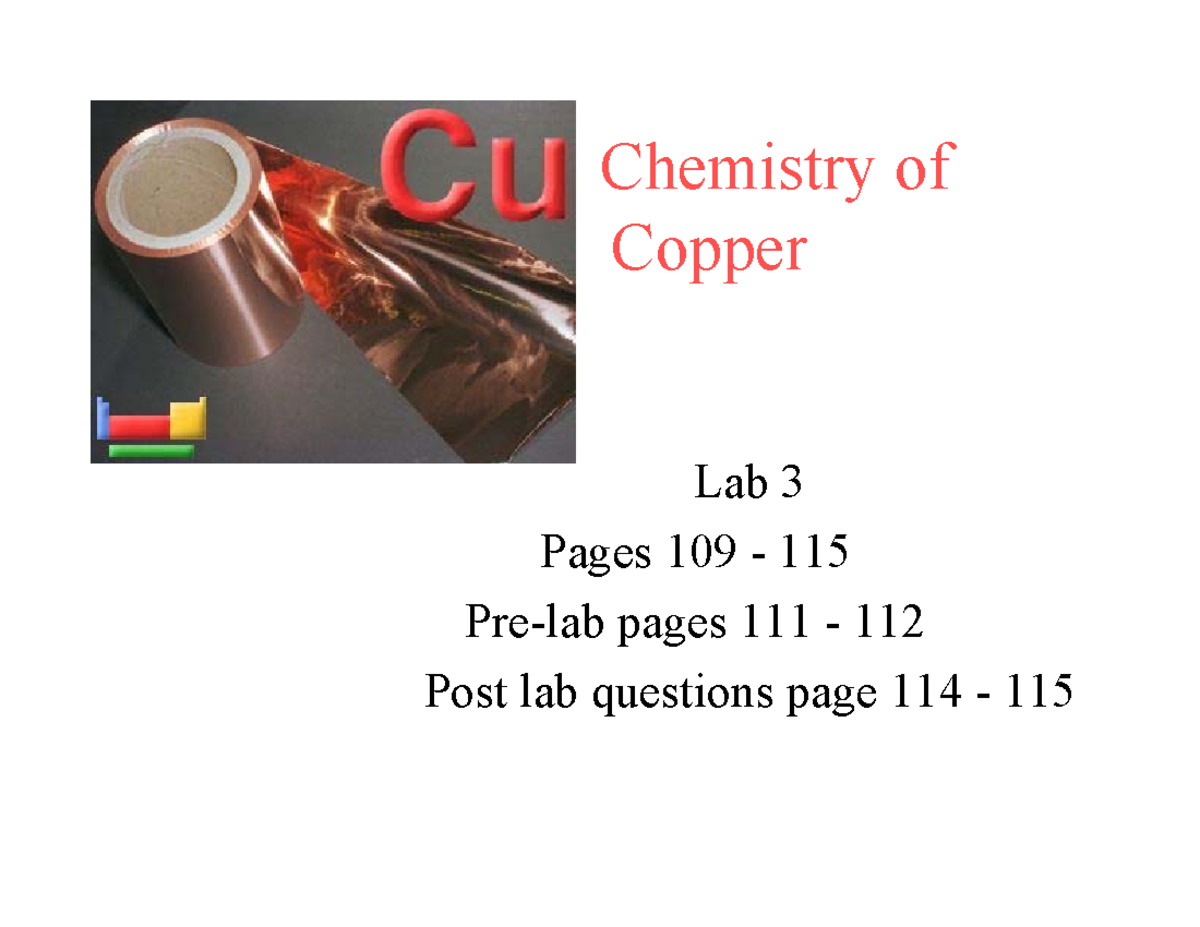 Lab 3 - lab report - Chemistry of Copper Lab 3 Pages 109 - 115 Pre-lab ...