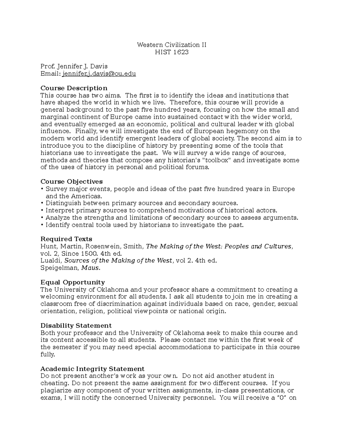 Western Civilization II HIST 1623 - Jennifer J. Davis Email: jennifer.j ...