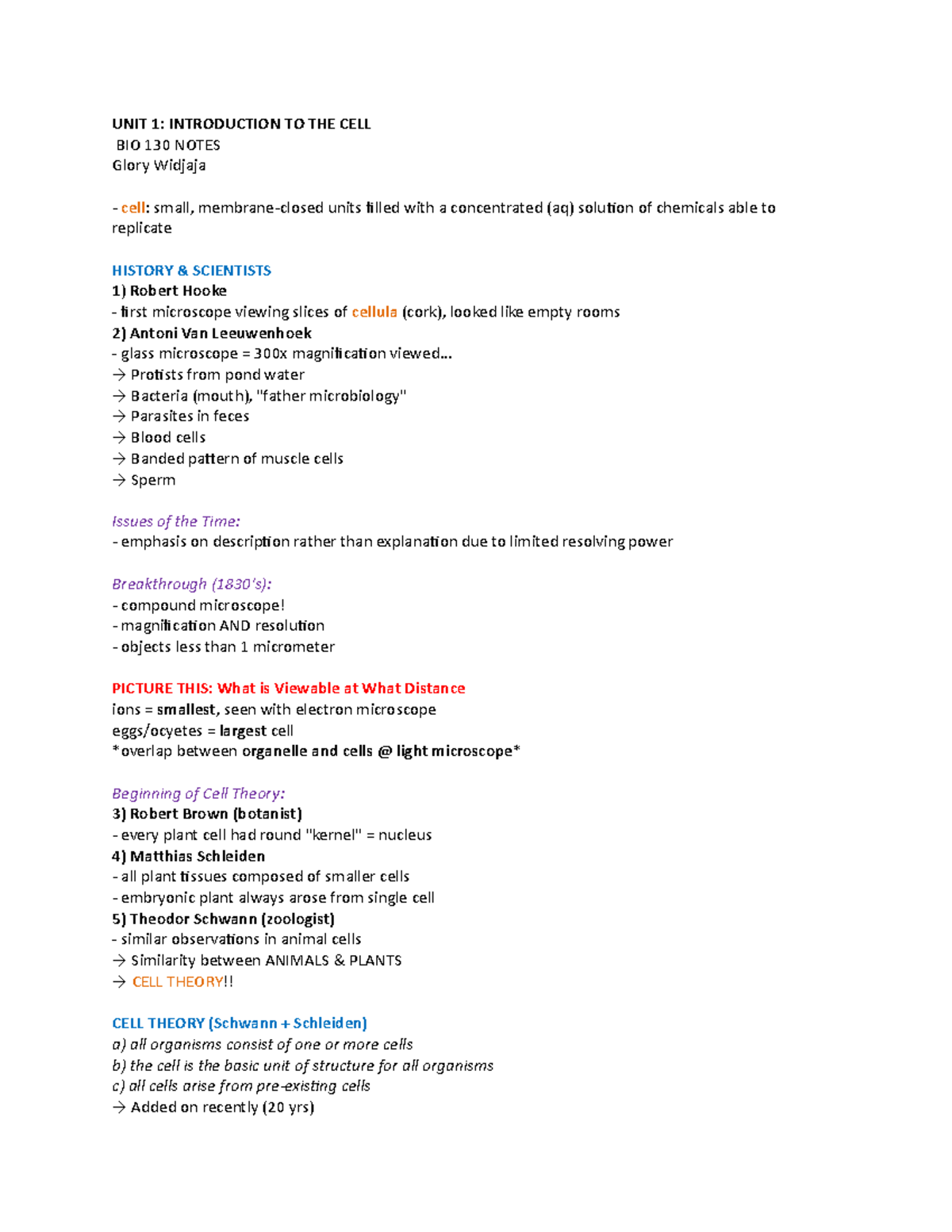 Unit 1 Cell Biology - notes - UNIT 1: INTRODUCTION TO THE CELL BIO 130 ...