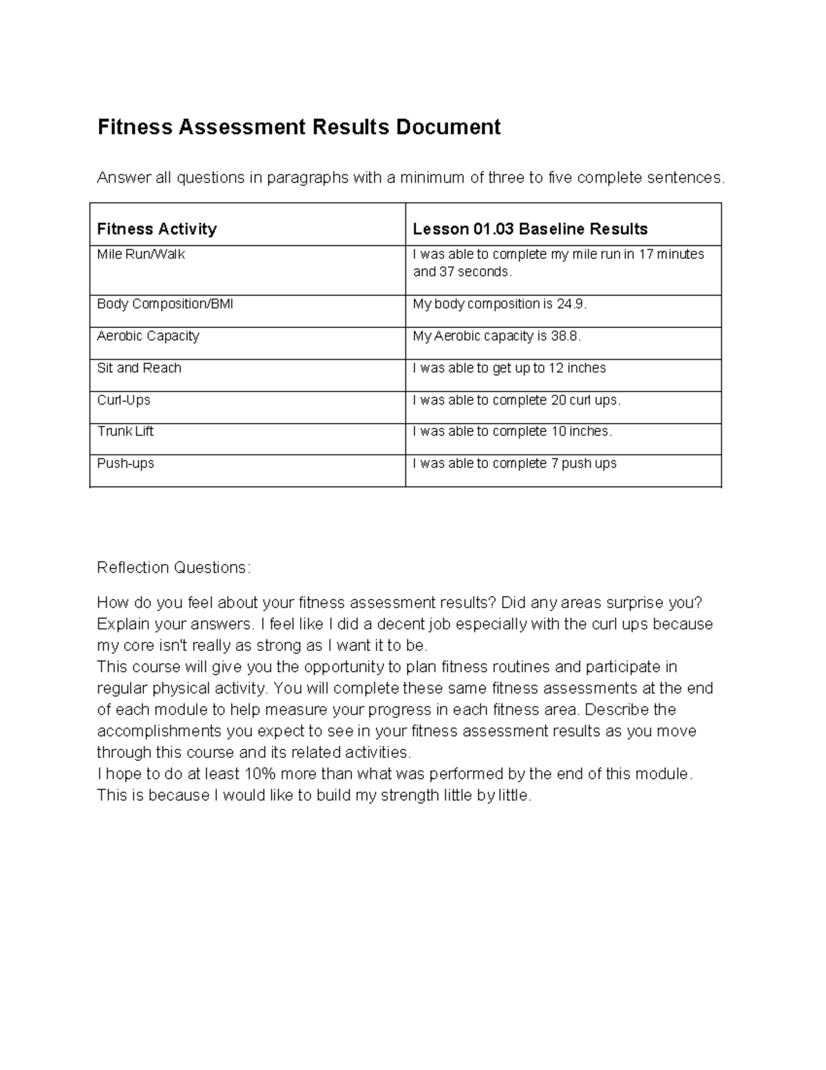 Fitness assessment results - Fitness Activity Lesson 01 Baseline ...