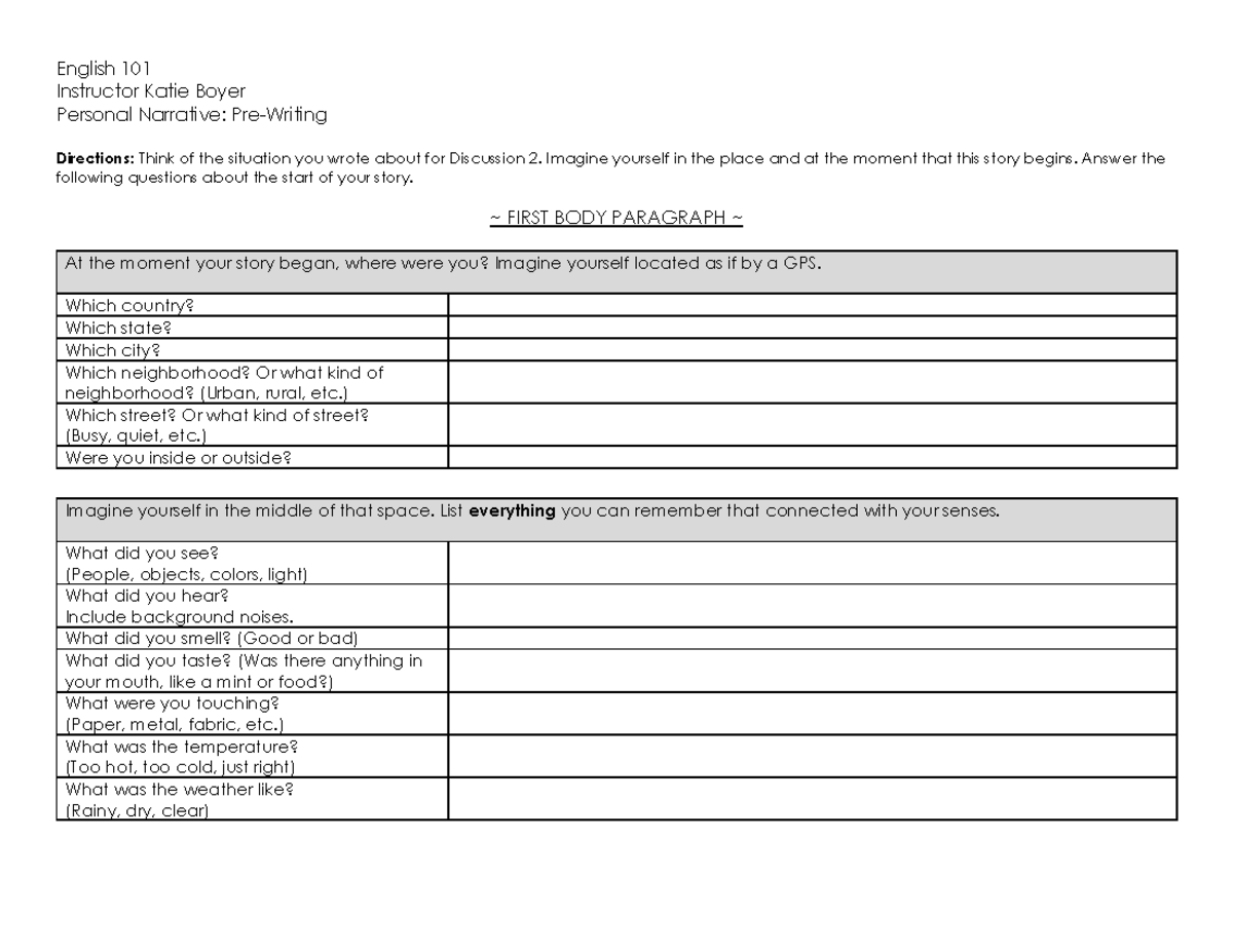 Narrative Pre-Writing - Print to Fill - Sp 22 - English 101 Instructor ...