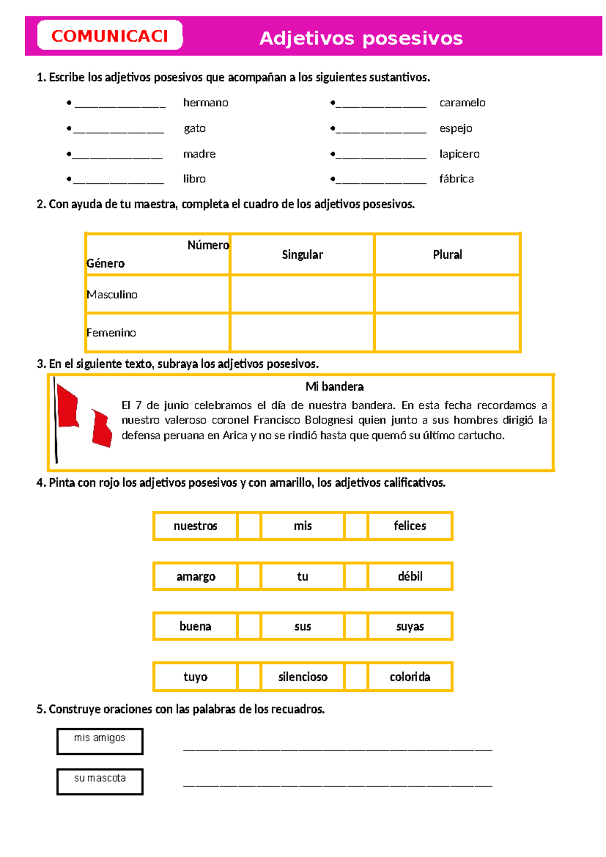 D1 A1 Ficha COM. Adjetivos posesivos - 1. Escribe los adjetivos ...
