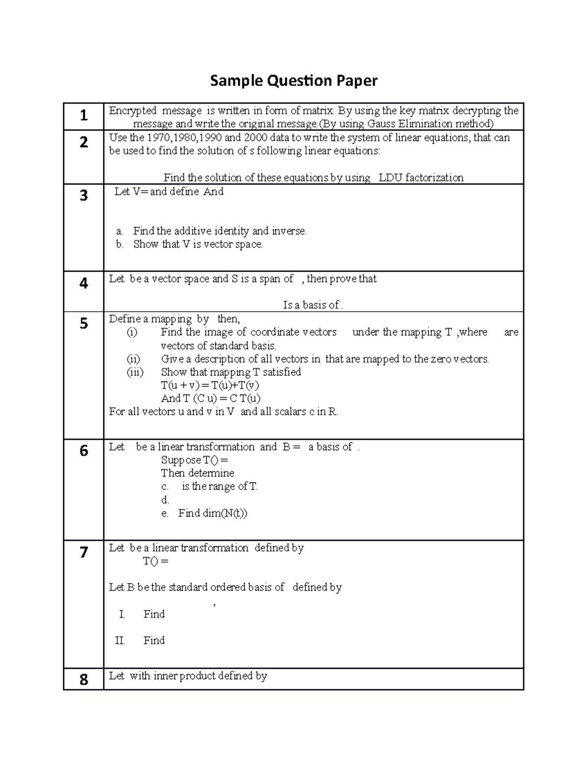 Sample Question Paper on linear algebra - Sample Question Paper 1 ...