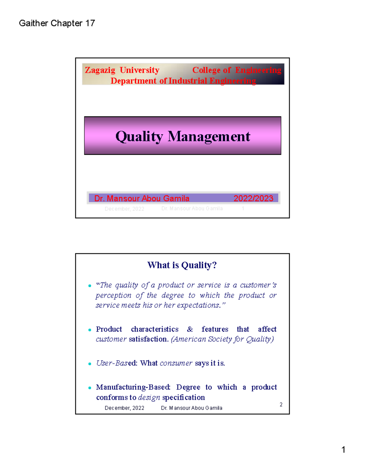 Value Engineering - Lecture 9- Quality Management - Quality ManagementQuality Management Zagazig ...