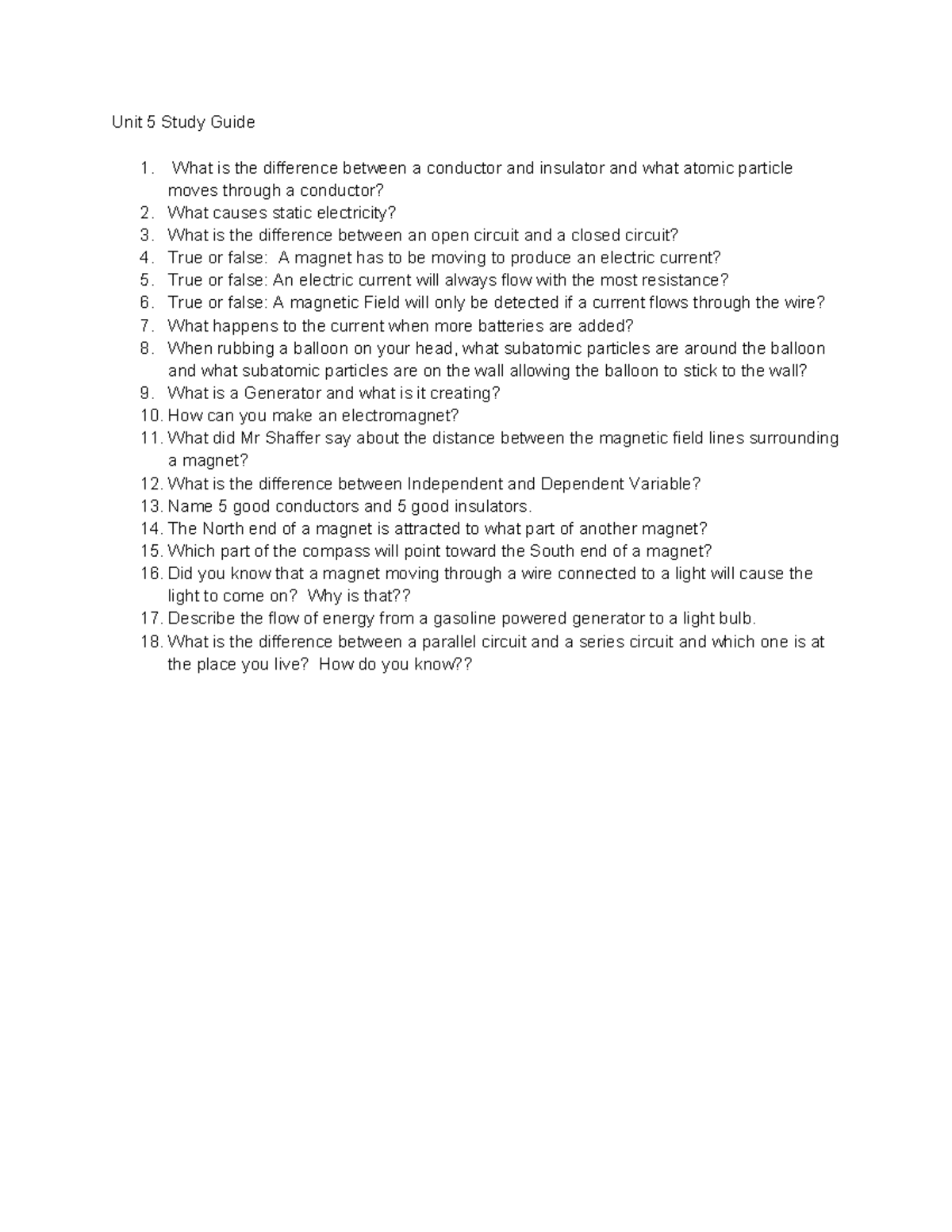Physical Science Unit 5 studyguide - Unit 5 Study Guide 1. What is the ...