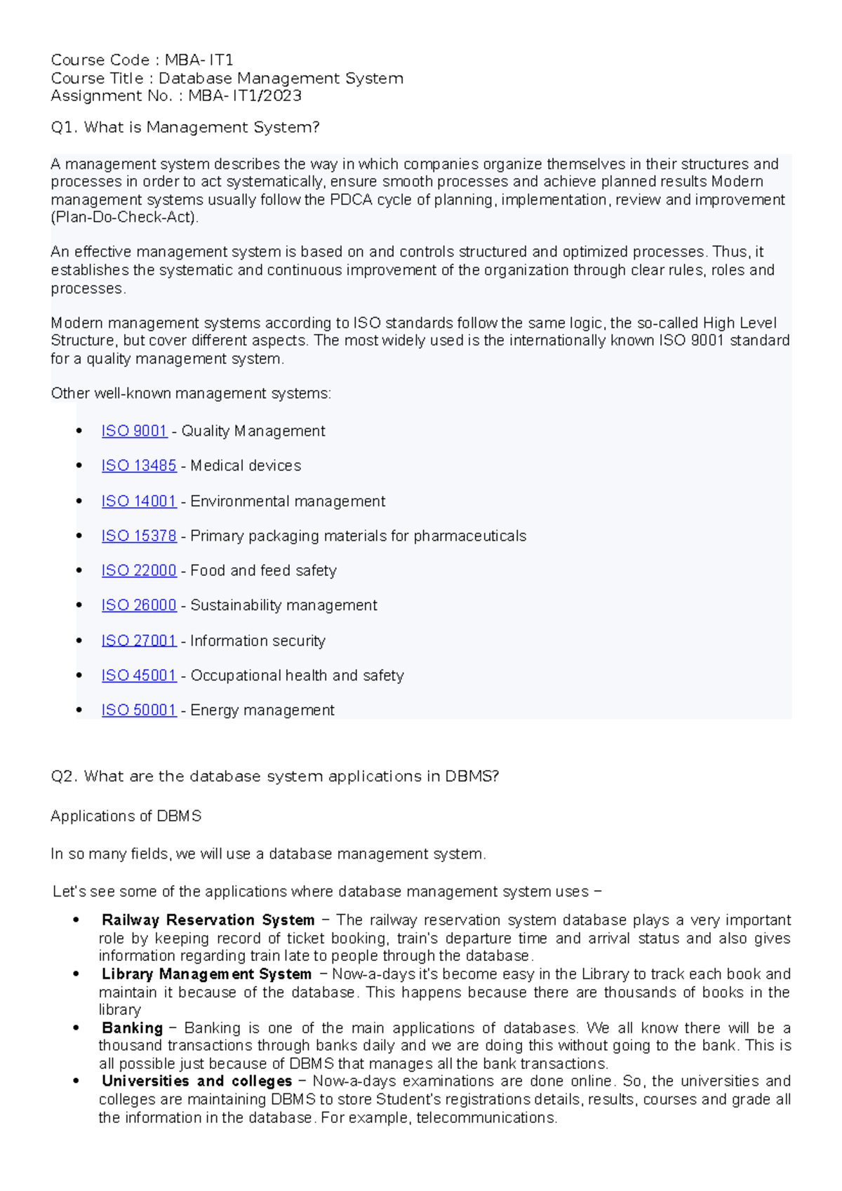 Database Management System - Course Code : MBA- IT Course Title ...