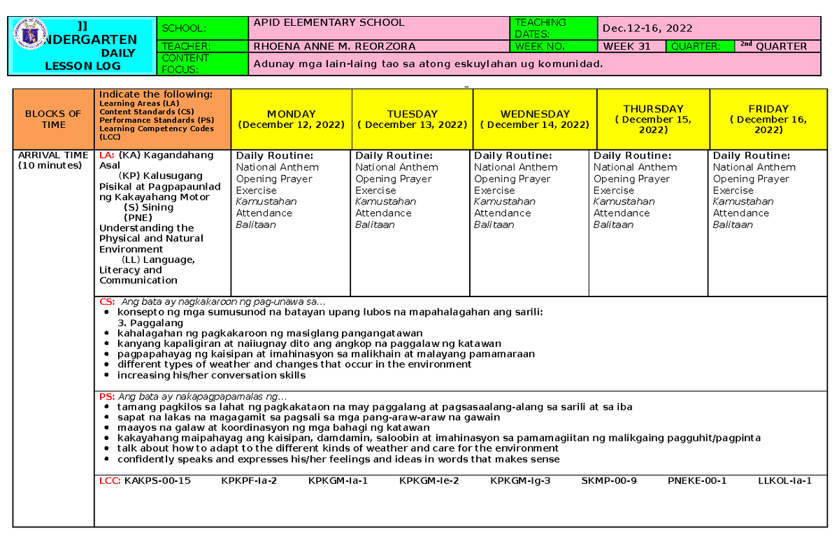 Kindergarten-DLL Q2 W6 - ]] KINDERGARTEN DAILY LESSON LOG SCHOOL: APID ...