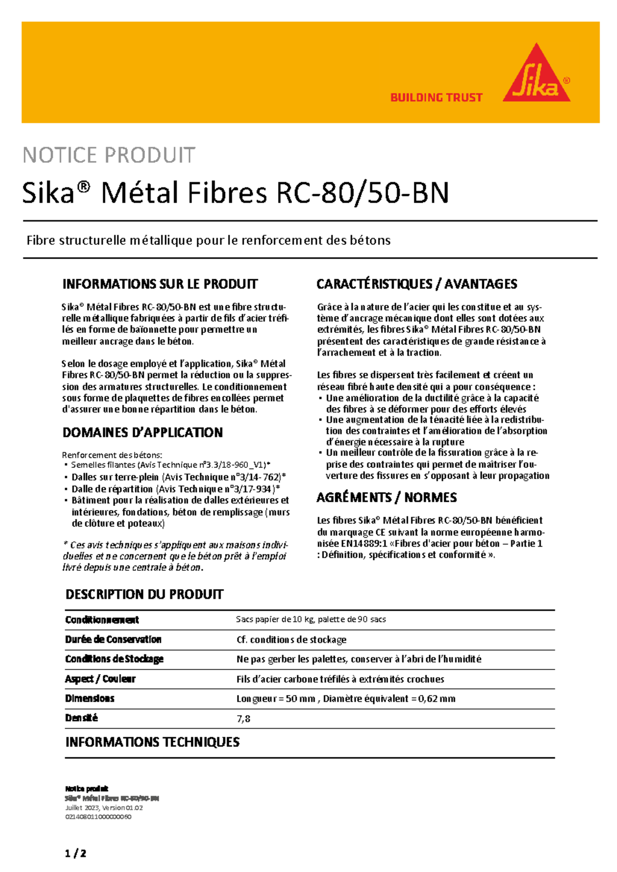 Sika metal fibresrc 8050 bn - Notice produit Sika® Métal Fibres RC-80/50-BN Juillet 2023 ...