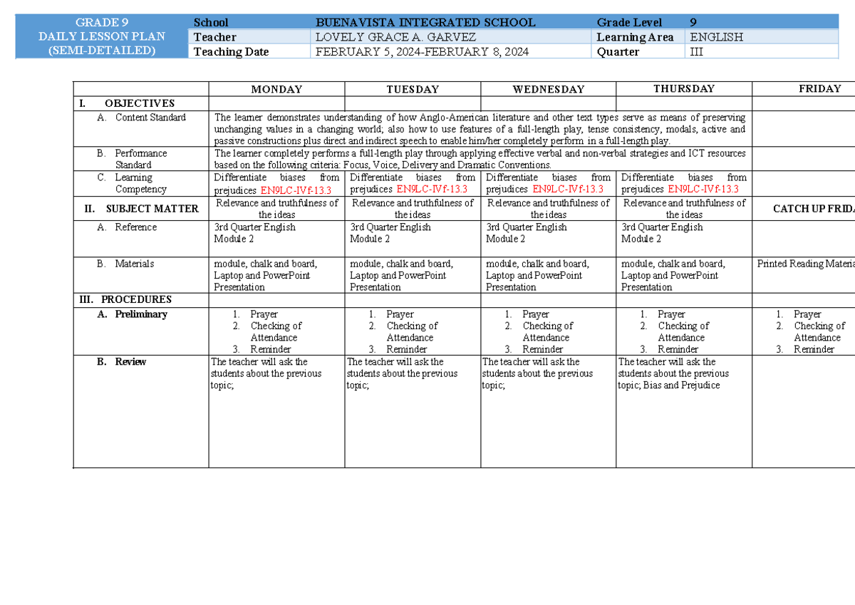 English 9 DLL week 2 - dll - GRADE 9 DAILY LESSON PLAN (SEMI-DETAILED ...