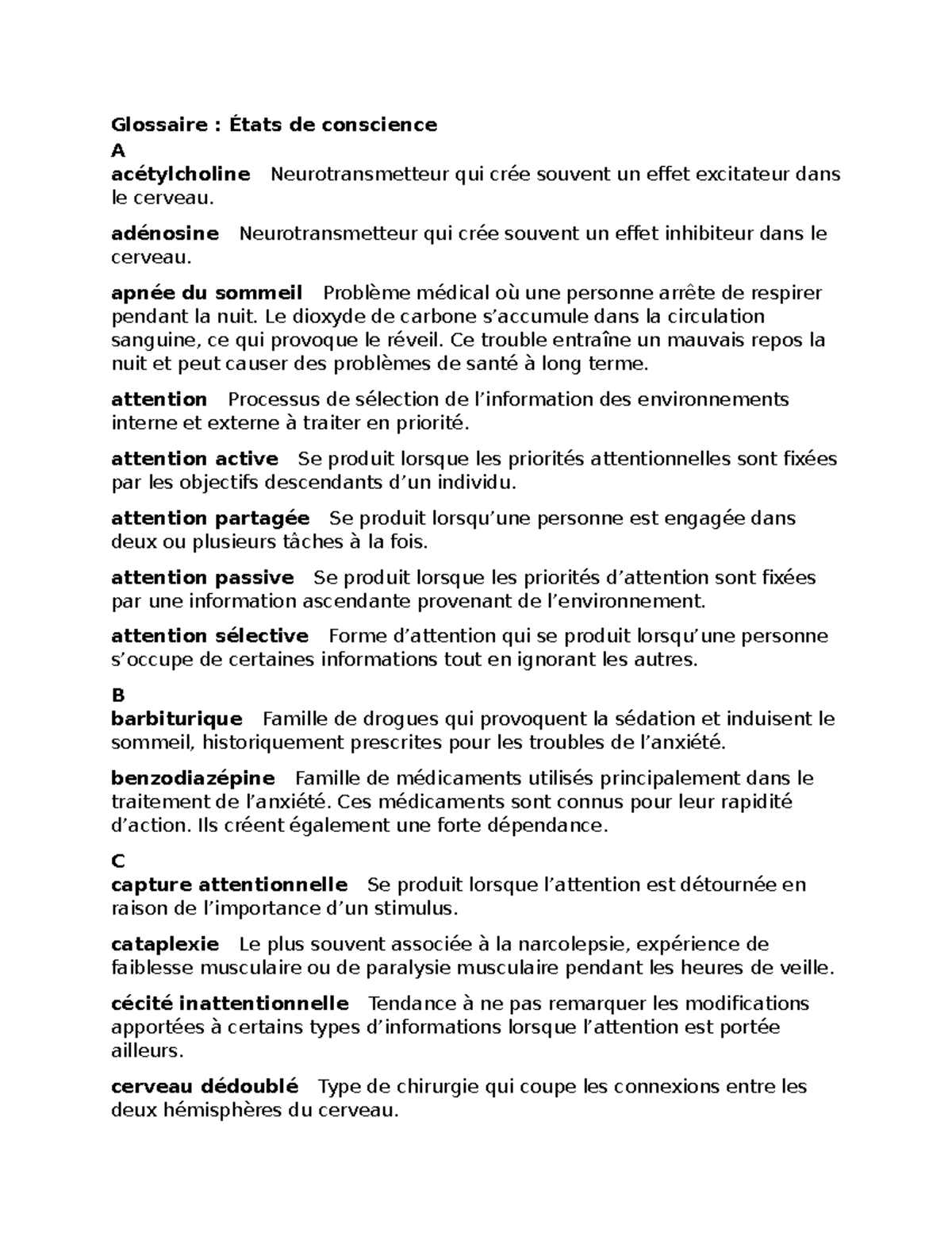 PSY Glossaire Module 6 - Glossaire : États de conscience A ...