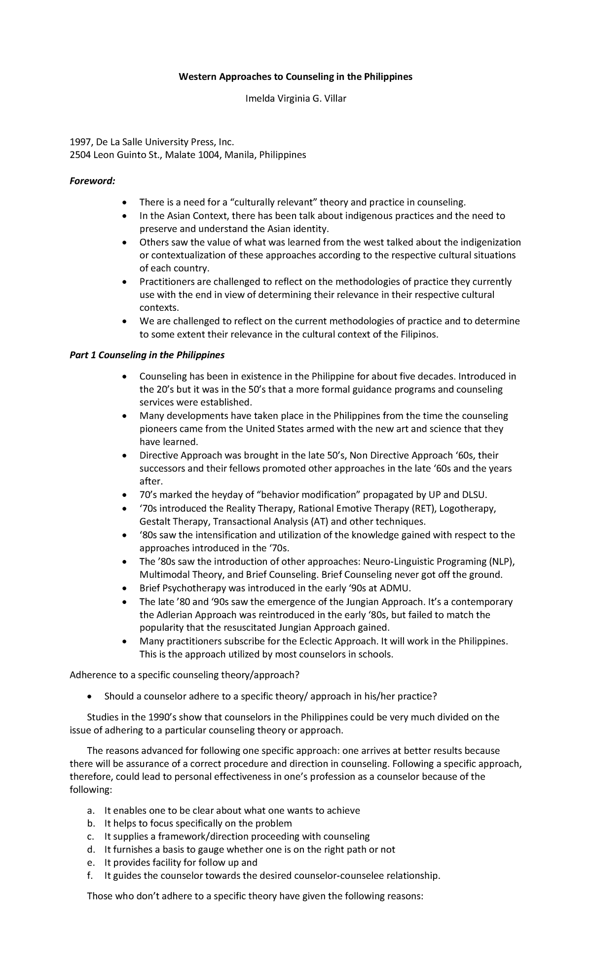 Western Approaches to Counseling in the Philippines - Villar 1997, De ...