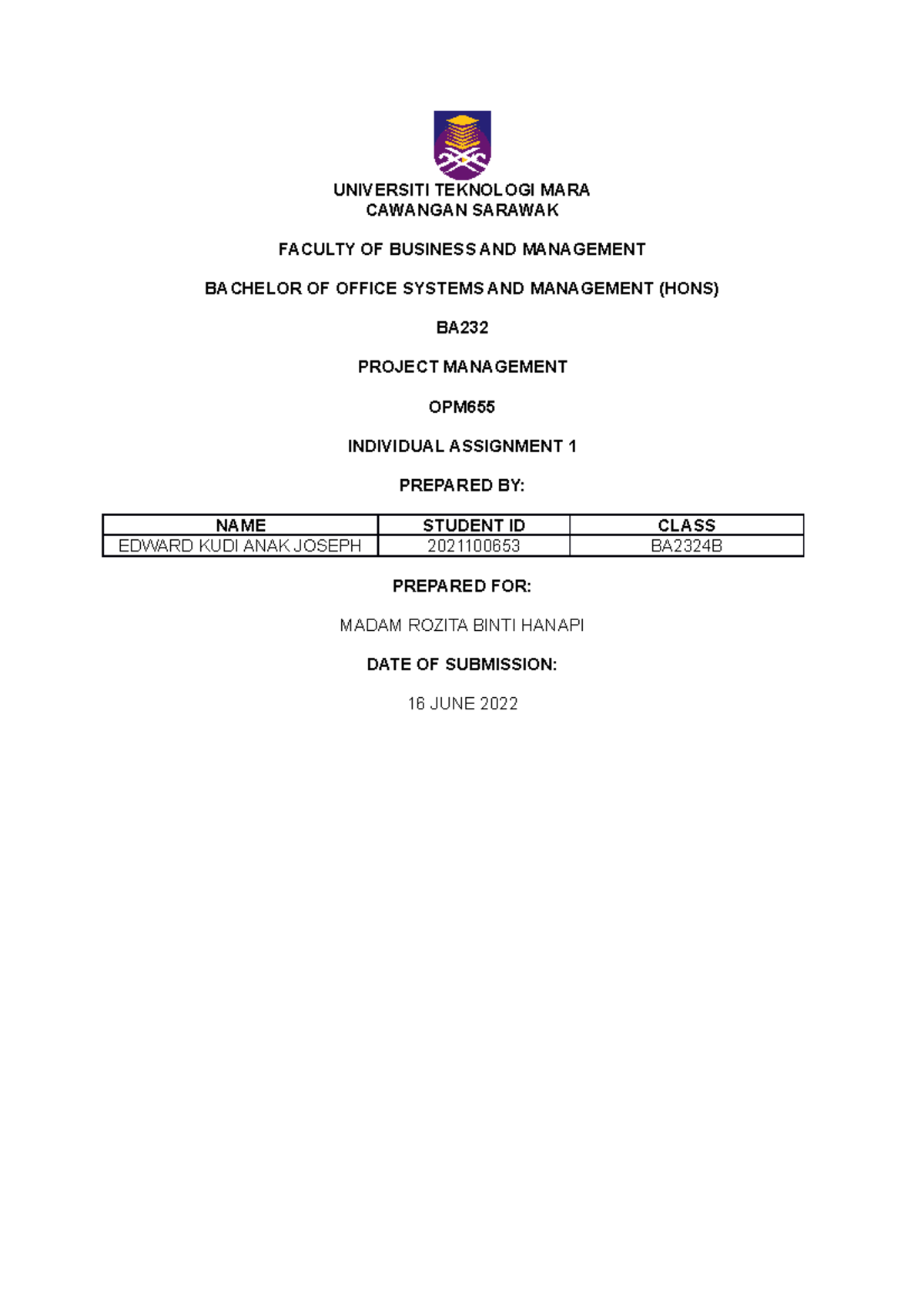 Project Scope Title - Individual Assignment - UNIVERSITI TEKNOLOGI MARA ...