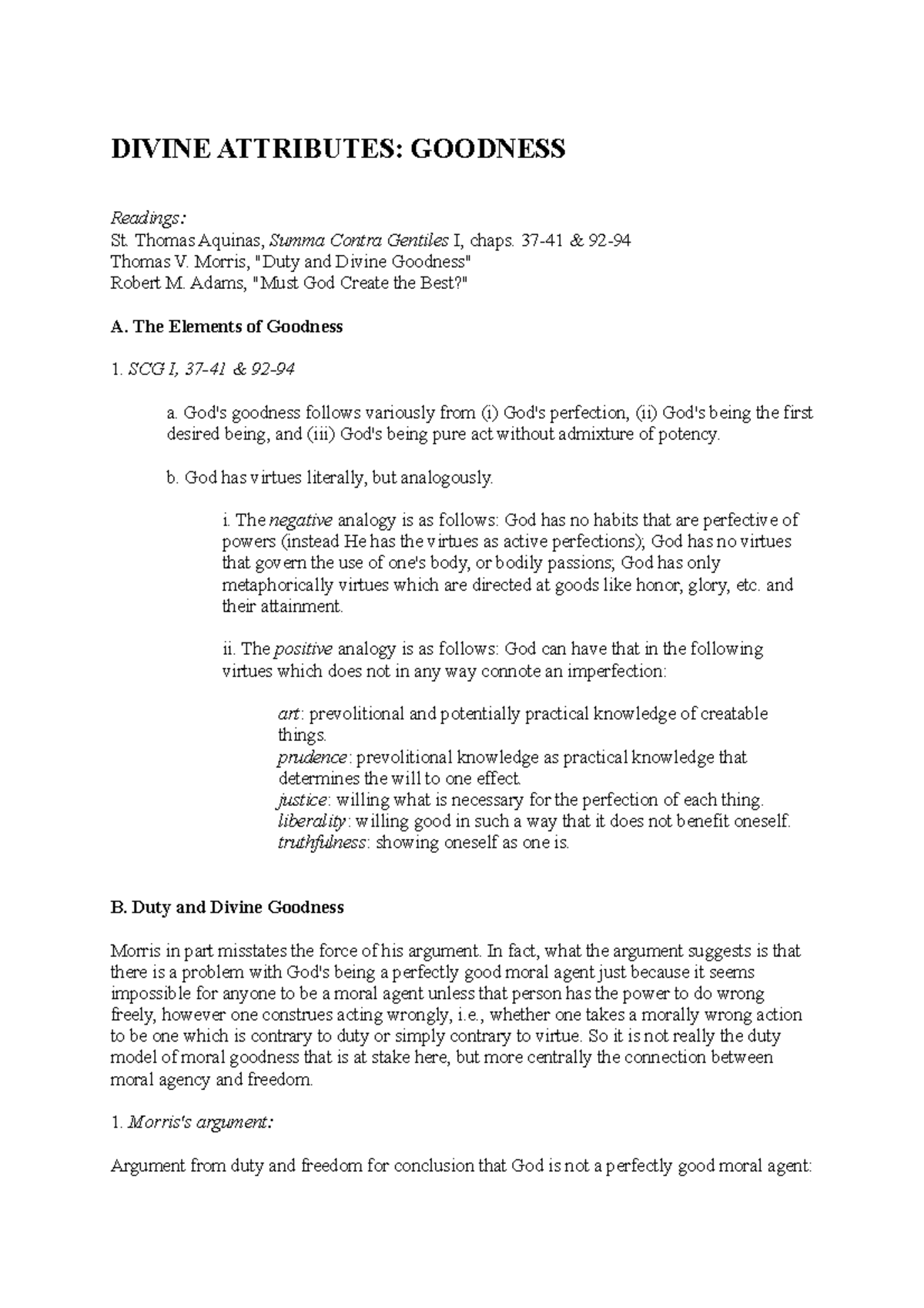 DIVINE ATTRIBUTES: GOODNESS - DIVINE ATTRIBUTES: GOODNESS Readings: St ...