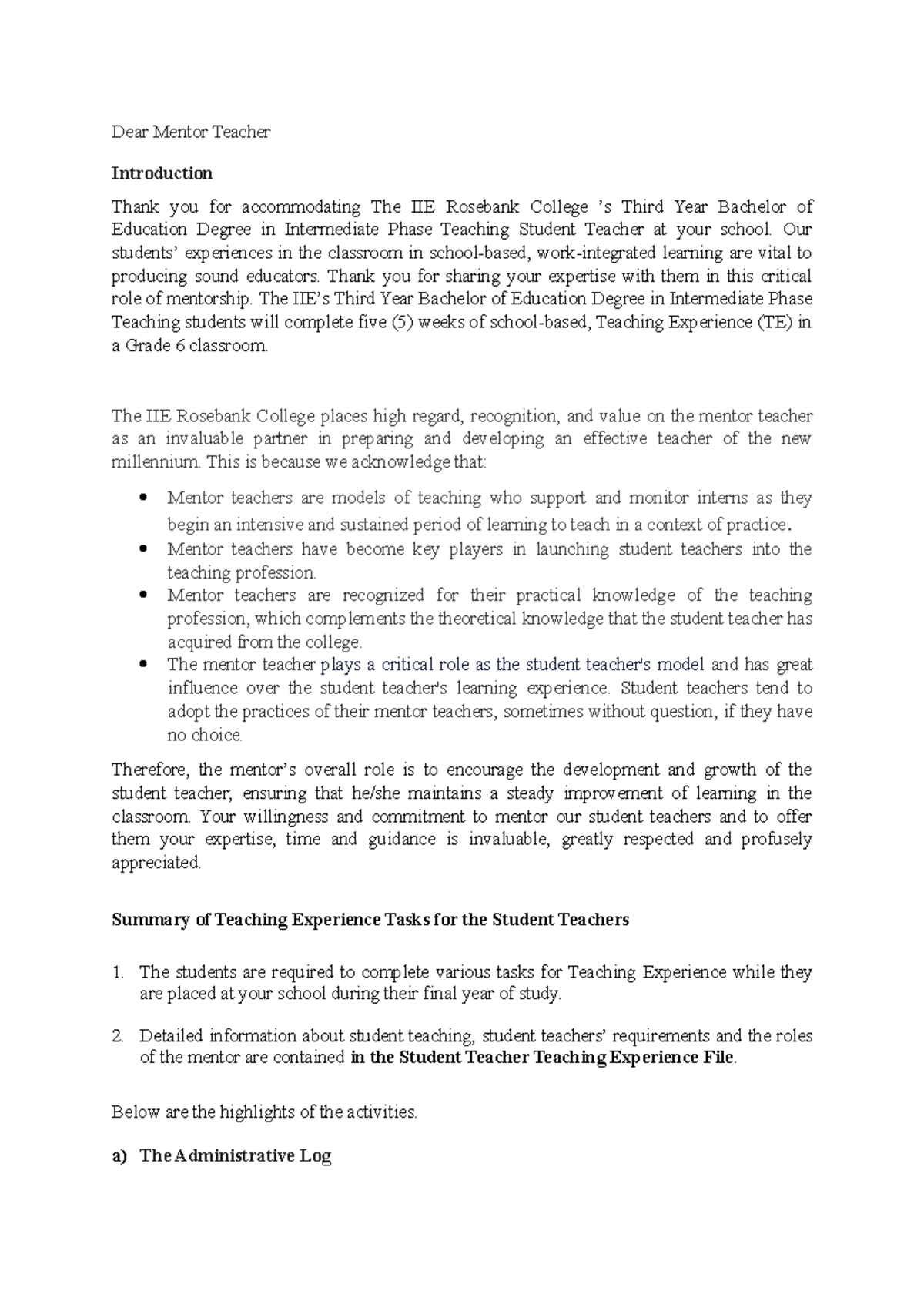 IIE Rosebank College Mentor Teacher Letter BEI 3 2023 - Dear Mentor ...