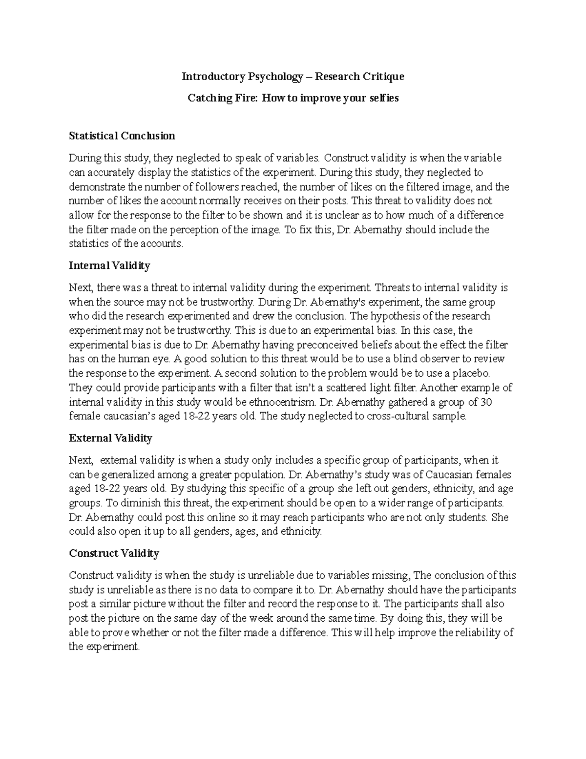 Reasearch Critique - Paper - Introductory Psychology – Research ...