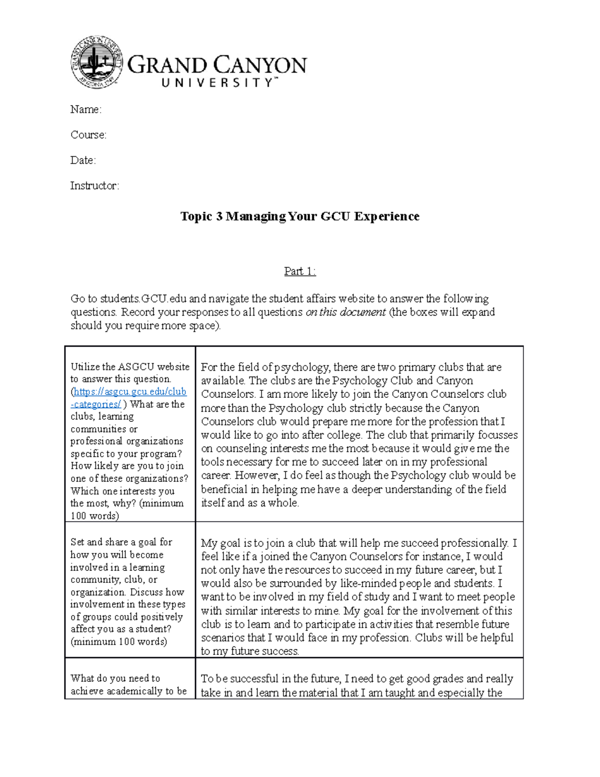 UNV103 T3 Your GCU Experience TO (1)-complete - Name: Course: Date ...