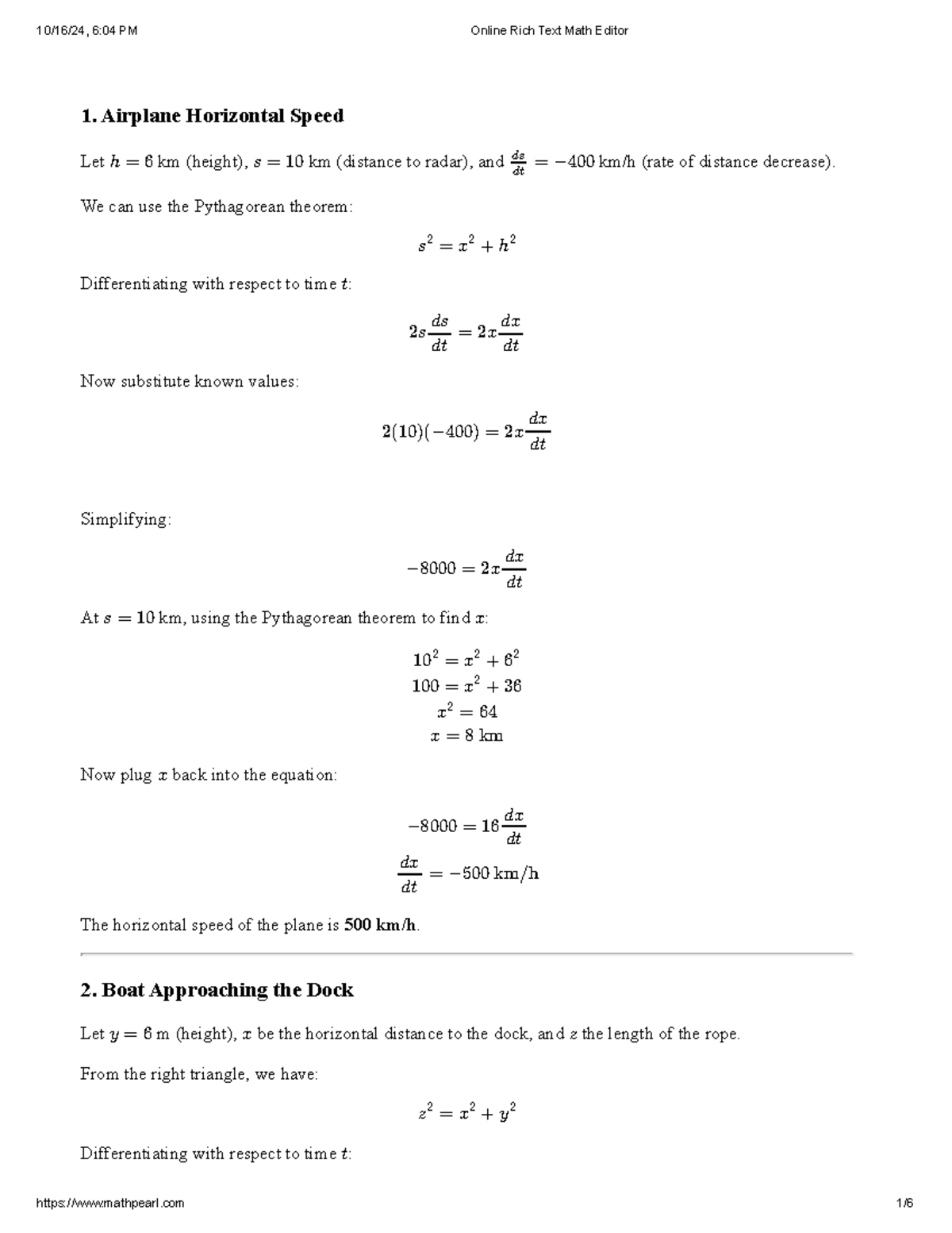 Written Assignment Unit 6 MATH 1211 - 1. Airplane Horizontal Speed Let h = 6 km (height), s = 10 ...