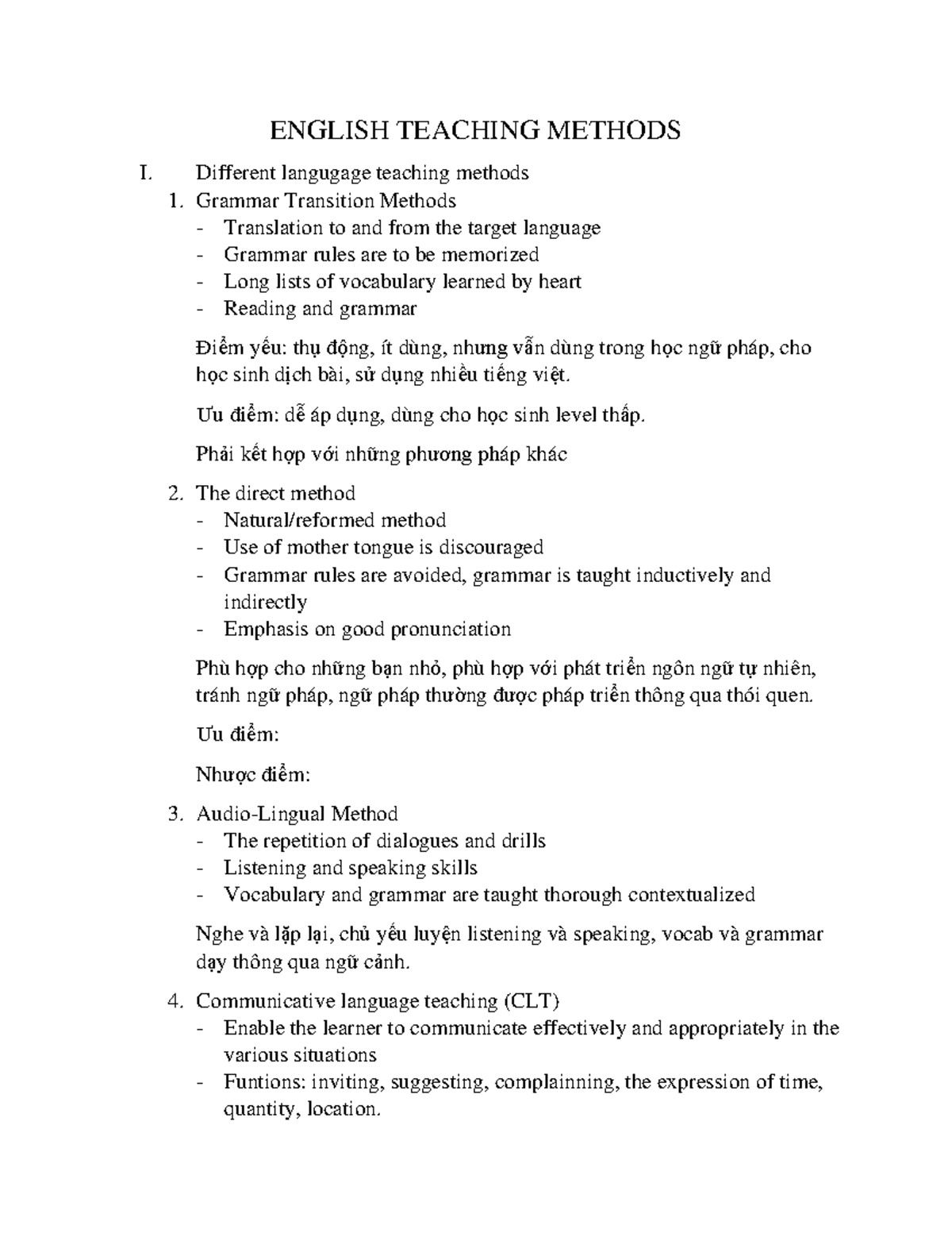 English Teaching Methods - ENGLISH TEACHING METHODS I. Different ...
