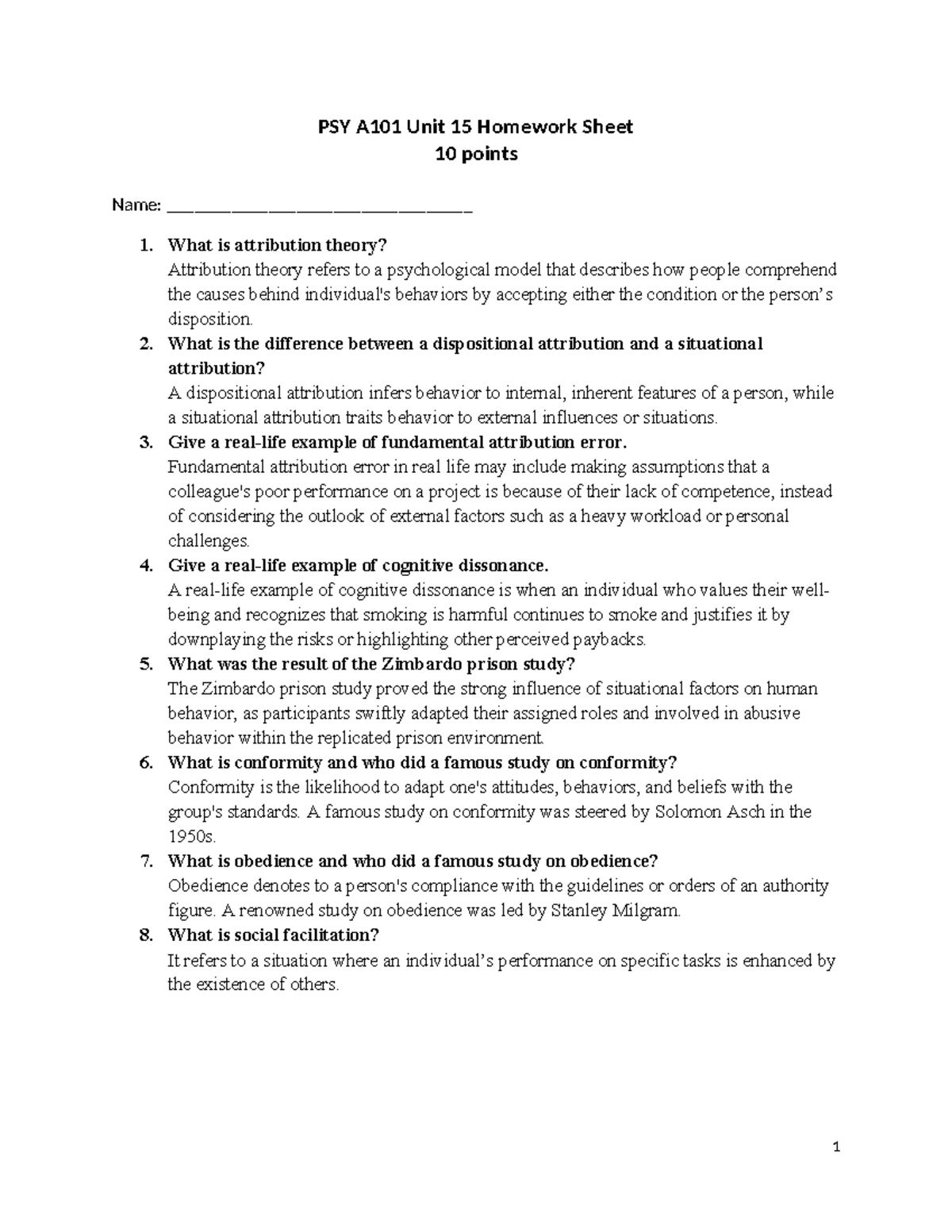 1018294 Part 3 - assignment - PSY A101 Unit 15 Homework Sheet 10 points ...