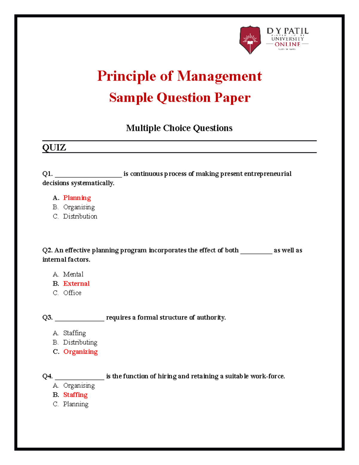 7 - MBA - Principle of Management Sample Question Paper Multiple Choice ...